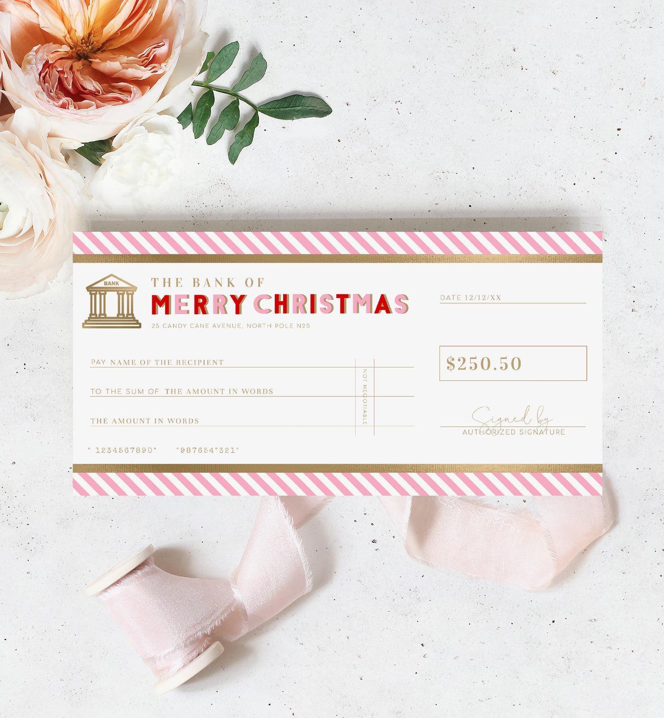 Stripe Pink Gold | Printable Christmas Cheque Gift Voucher – Black Bow ...