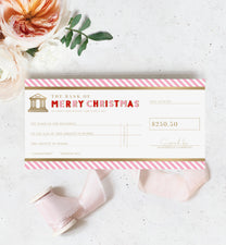 Stripe Pink Gold | Printable Christmas Cheque Gift Voucher – Black Bow ...