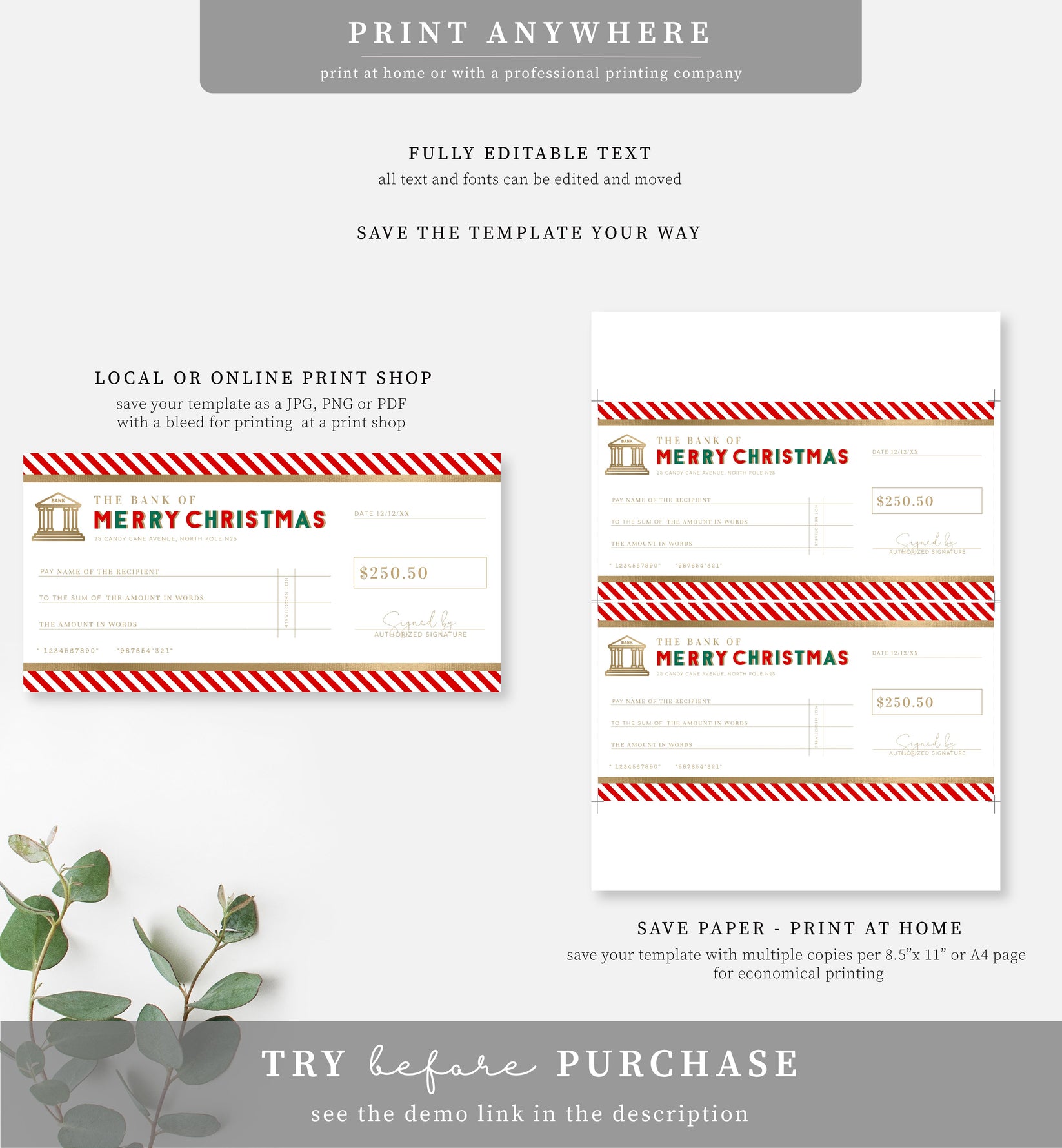 Stripe Red Gold | Printable Christmas Cheque Gift Voucher Template ...