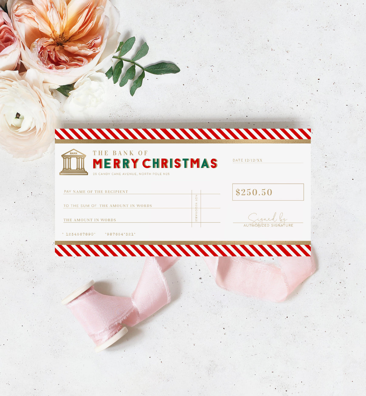 Stripe Red Gold | Printable Christmas Cheque Gift Voucher Template ...