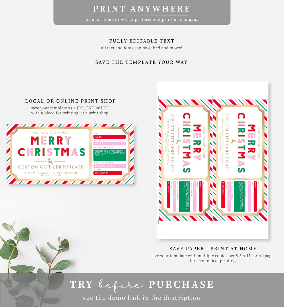 Stripe Pink Multi | Printable Christmas Custom Gift Voucher Template ...