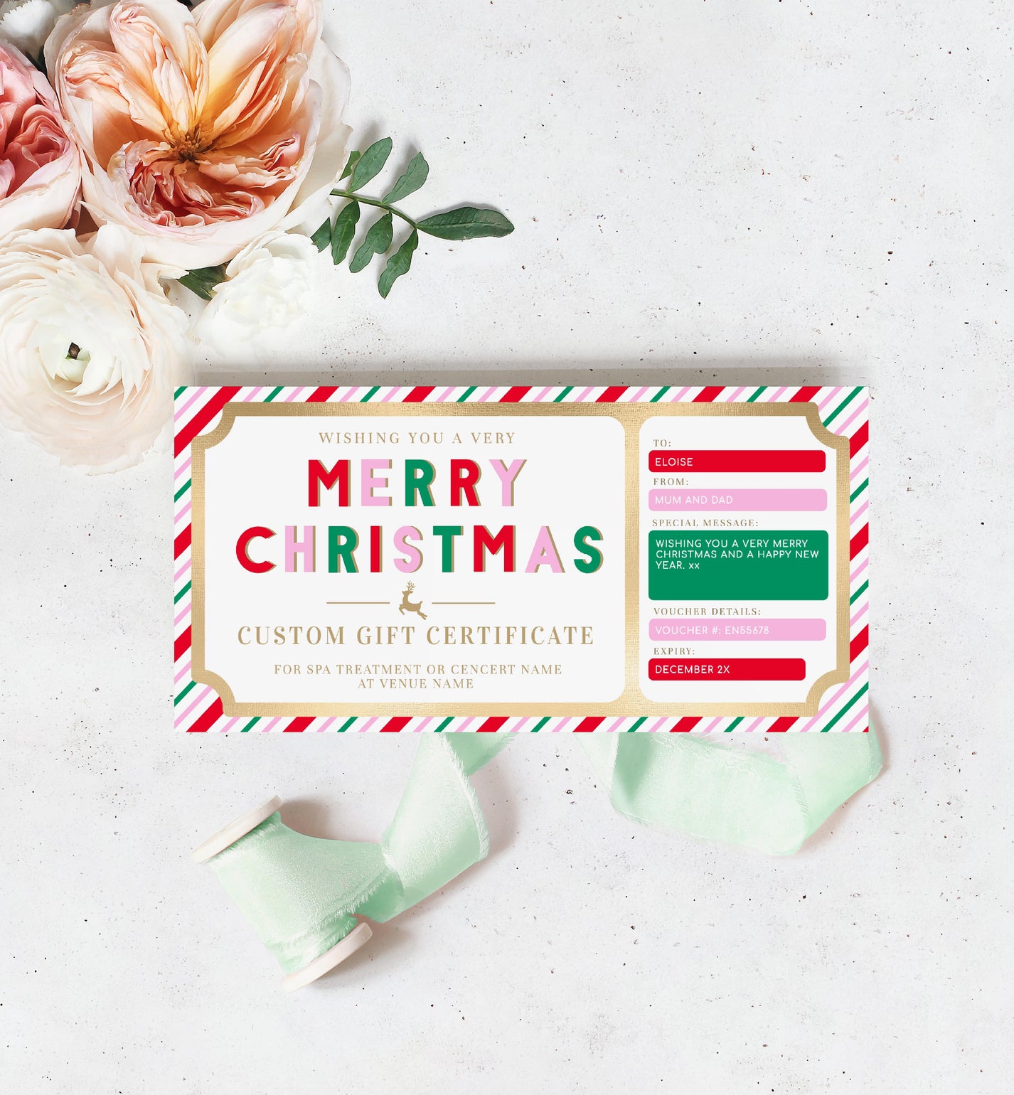 Stripe Pink Multi | Printable Christmas Custom Gift Voucher Template ...