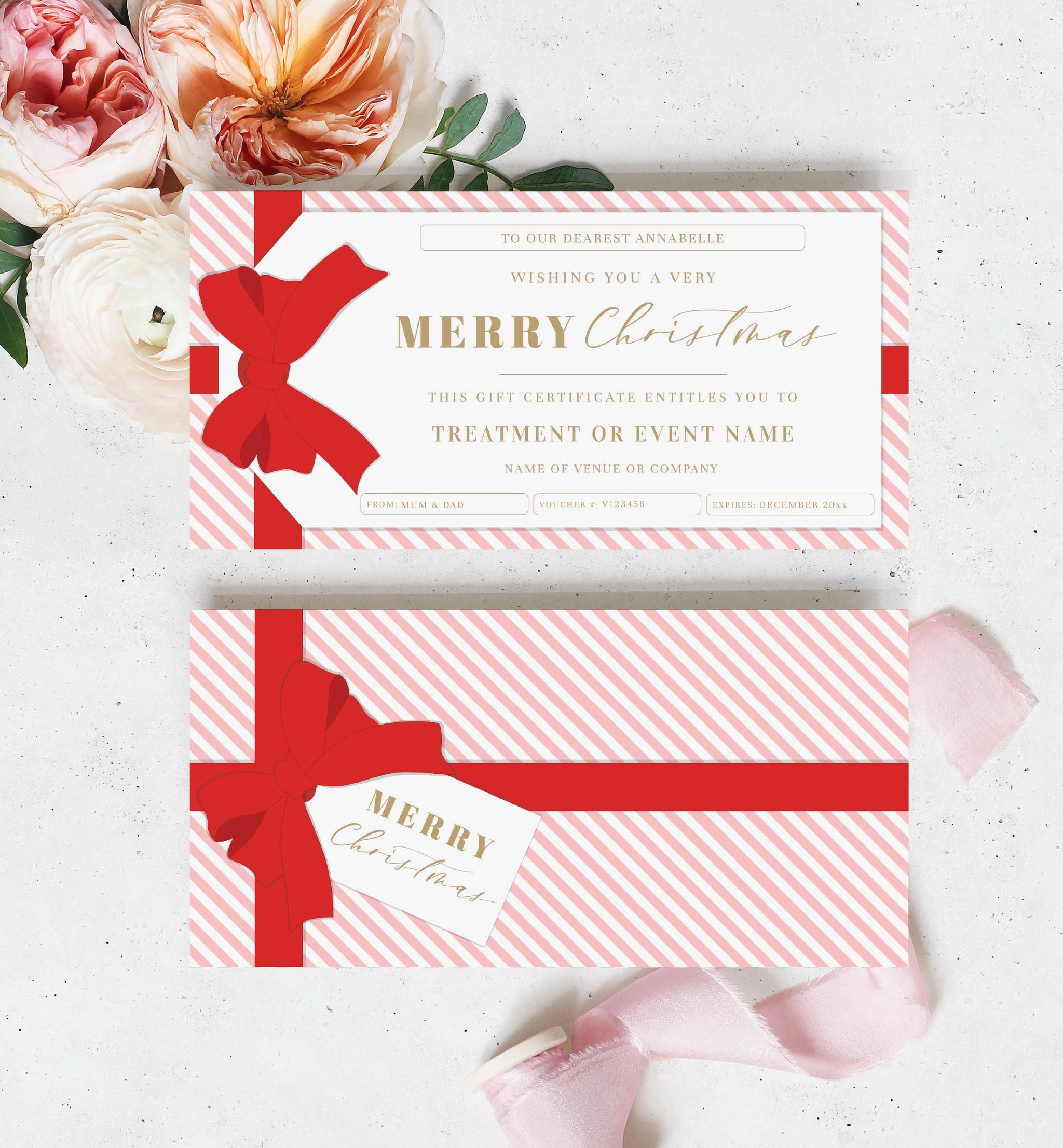 Stripe Pink Red | Printable Christmas Custom Gift Voucher – Black Bow ...
