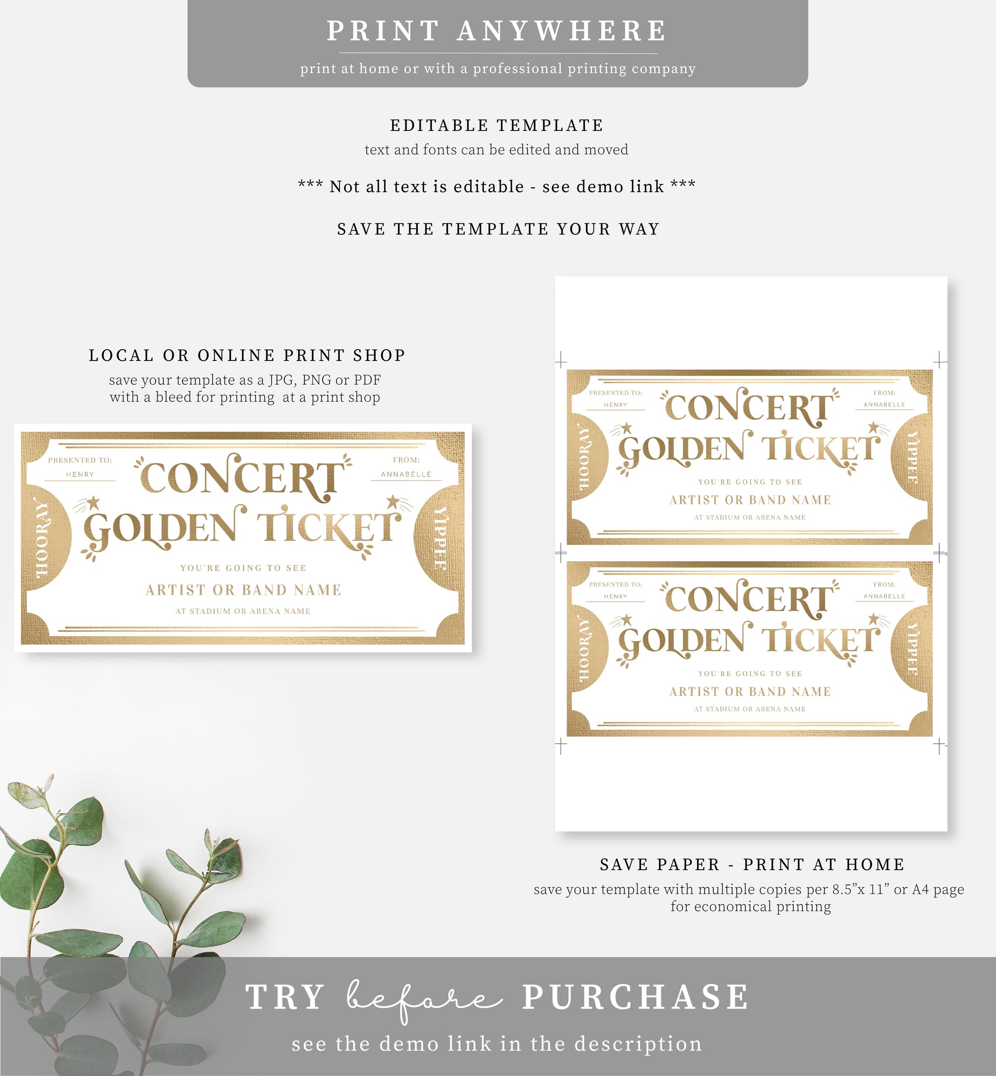 Golden Ticket Gold | Printable Concert Custom Gift Voucher Template ...