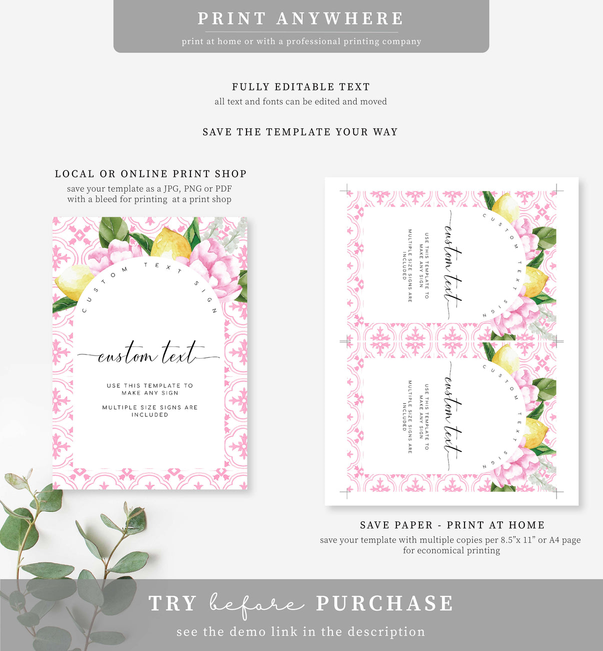The Med Pink Lemons | Printable Custom Text Sign Template – Black Bow ...