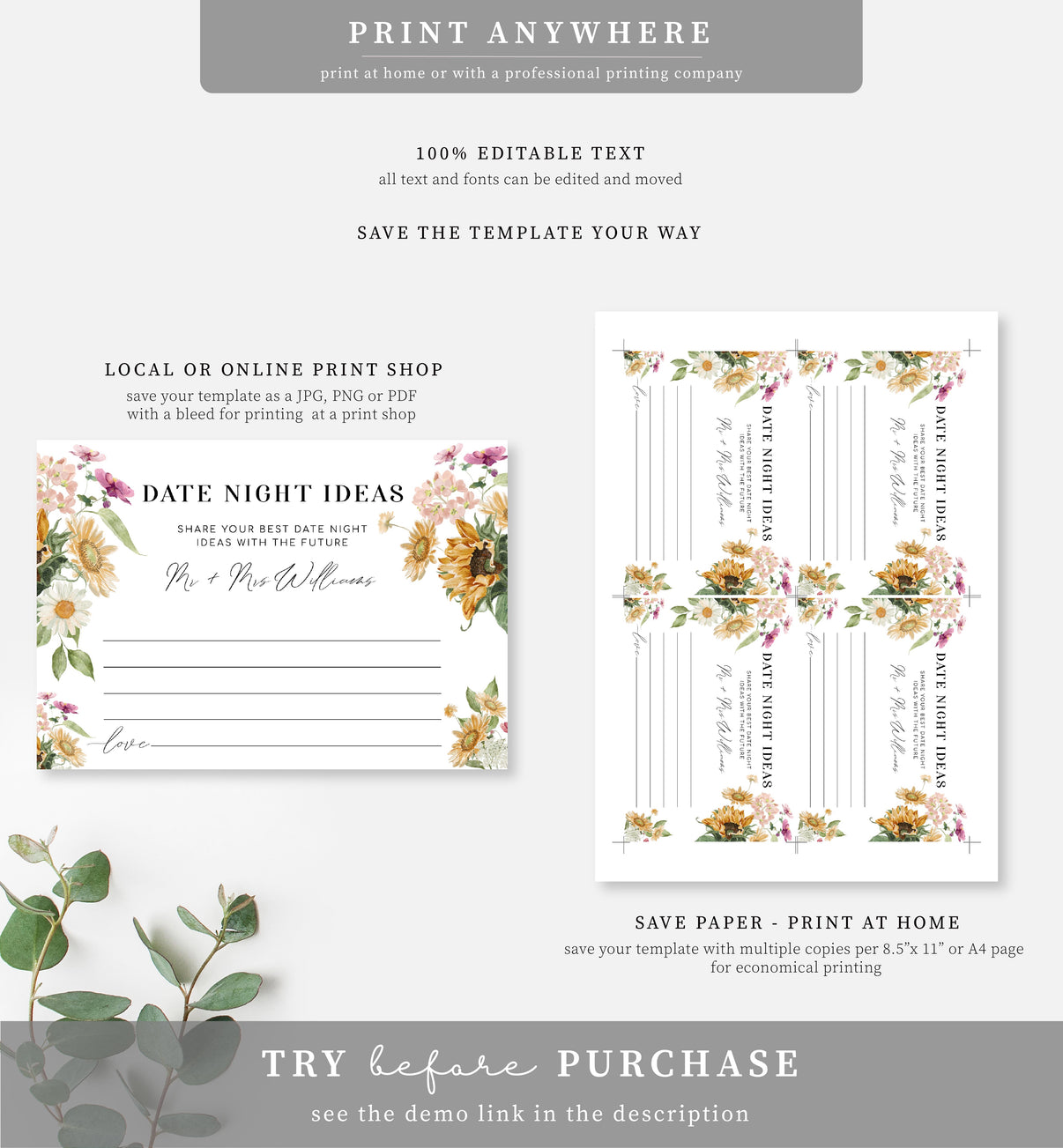Mews Floral White | Printable Date Night Ideas Sign and Card Template ...
