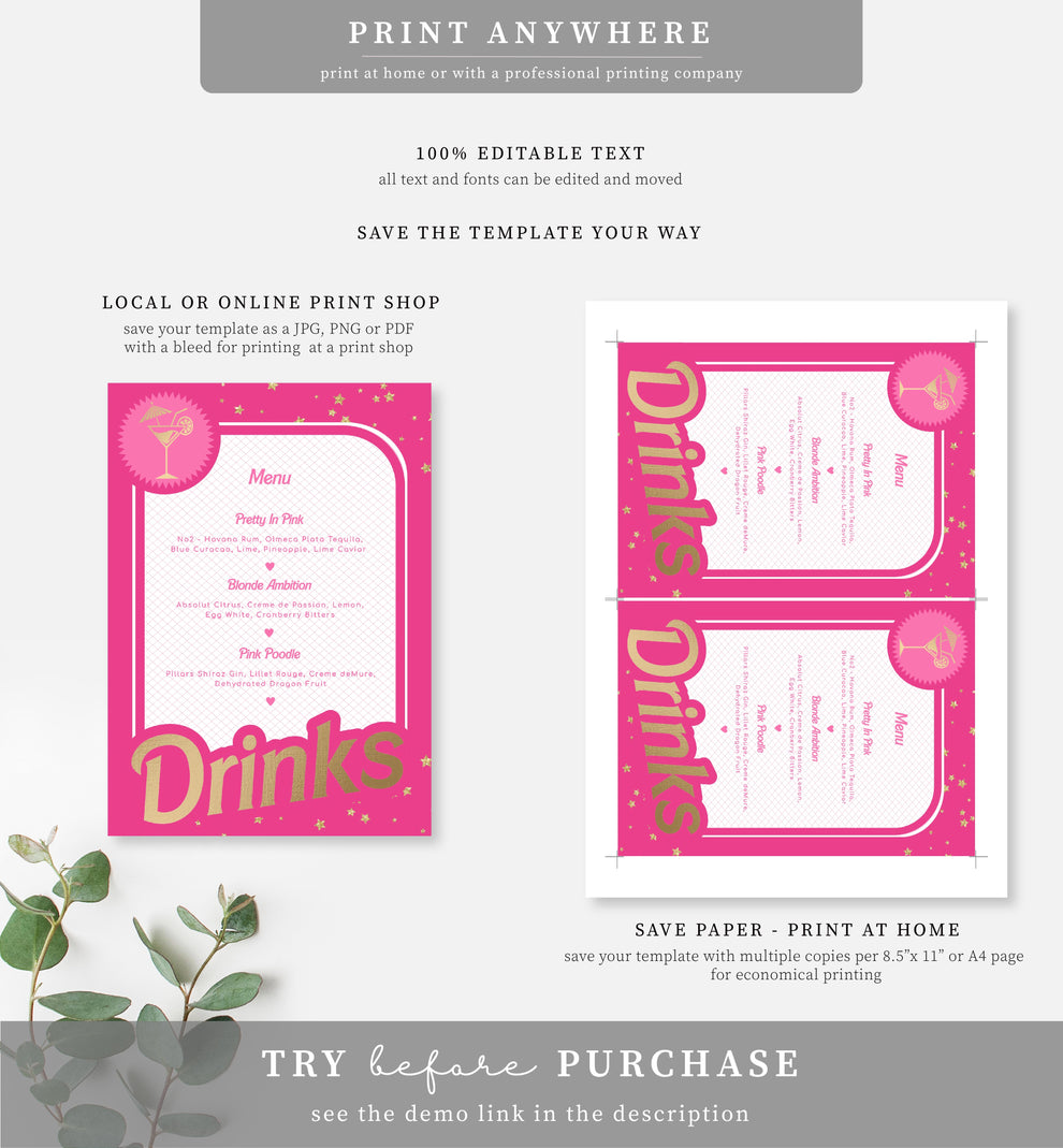 Barbie Party Hot Pink Gold | Printable Bar Menu Sign Template – Black ...