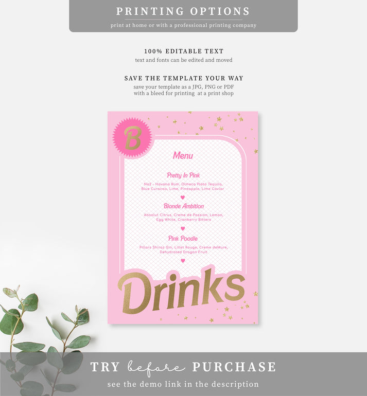 Barbie Party Pink Gold | Printable Bar Menu Sign Template – Black Bow ...