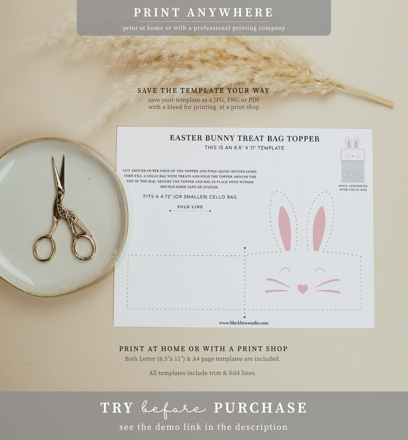 Easter | Printable Easter Bunny Treat Bag Topper Template – Black Bow ...