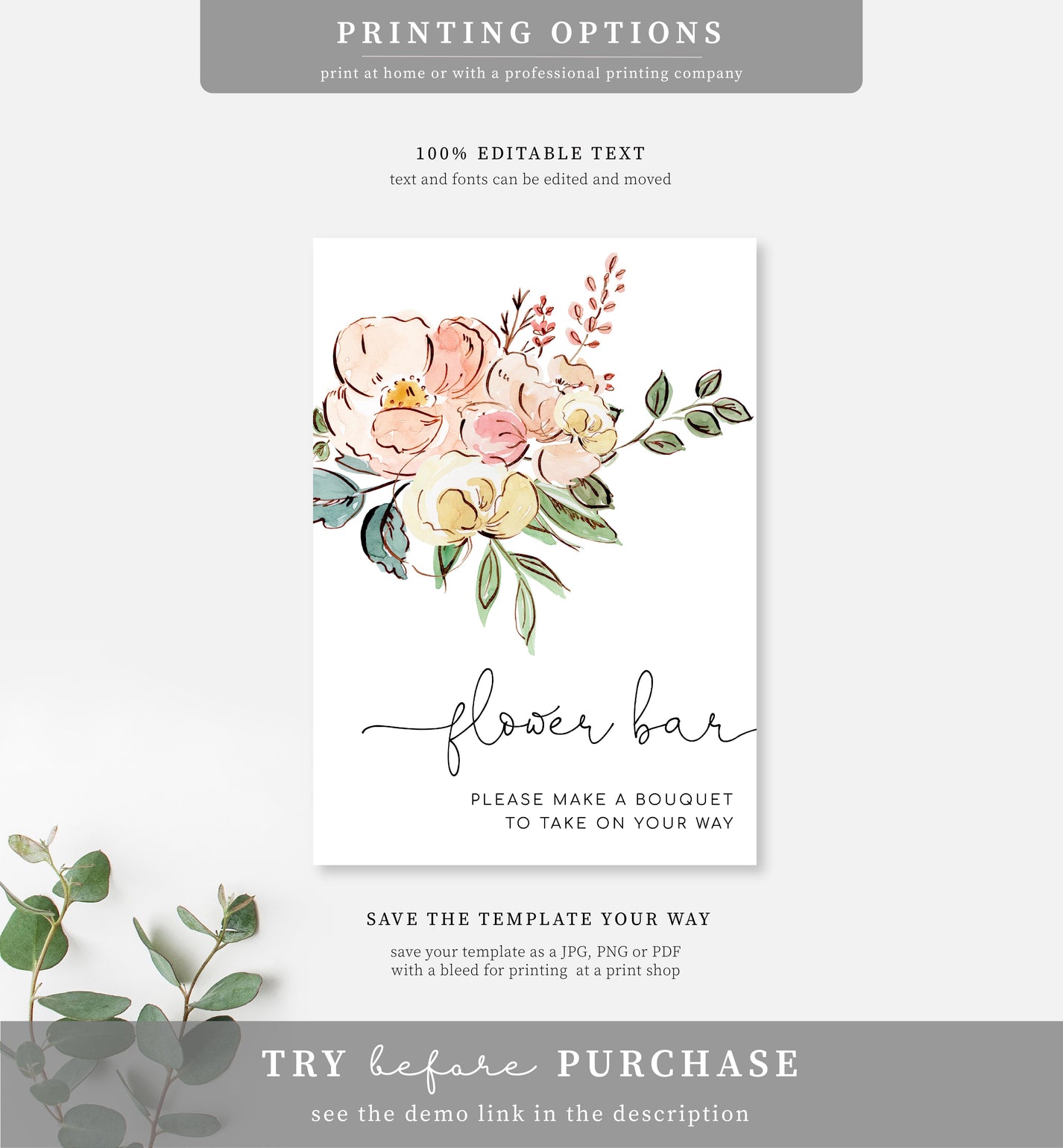 Cambridge Floral Multi | Printable Flower Bar Sign Template – Black Bow ...