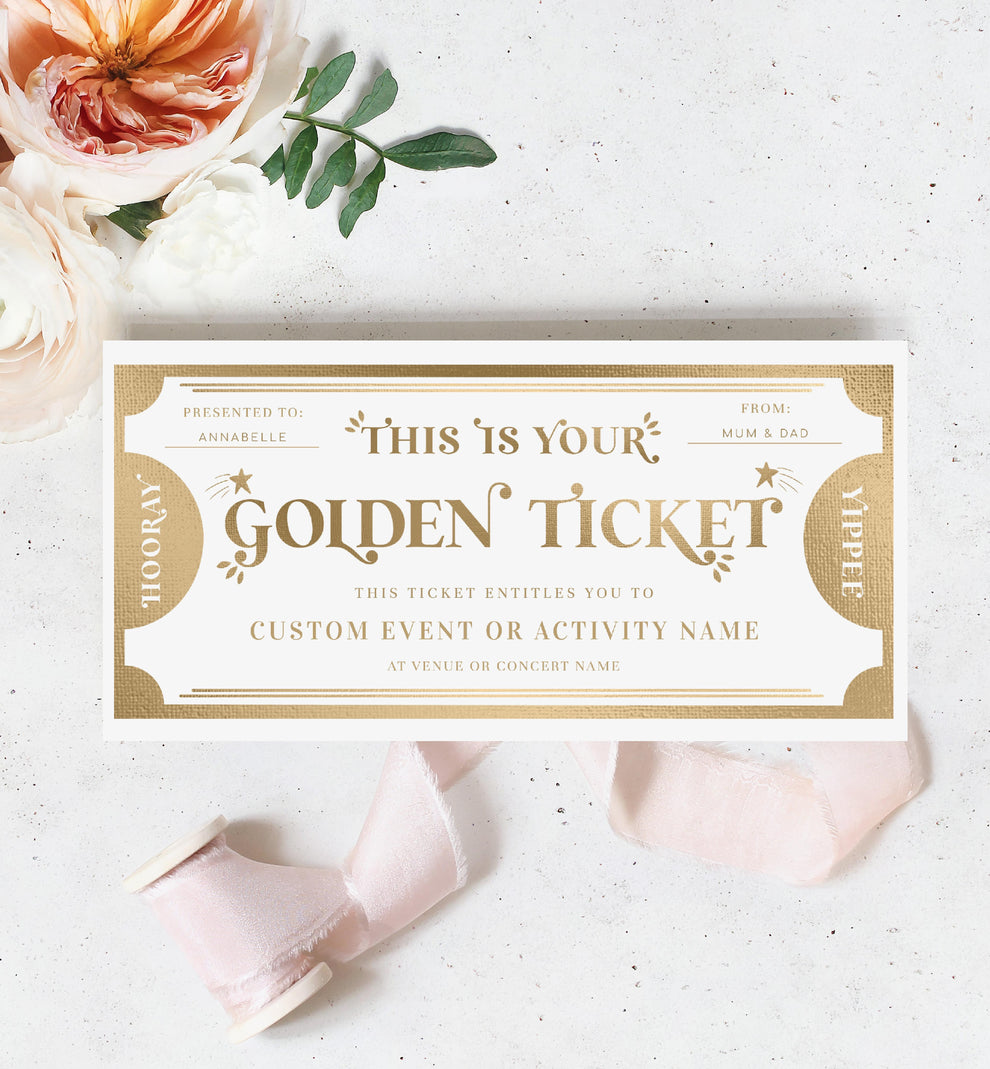 Golden Ticket Gold | Printable Custom Gift Voucher Template – Black Bow ...
