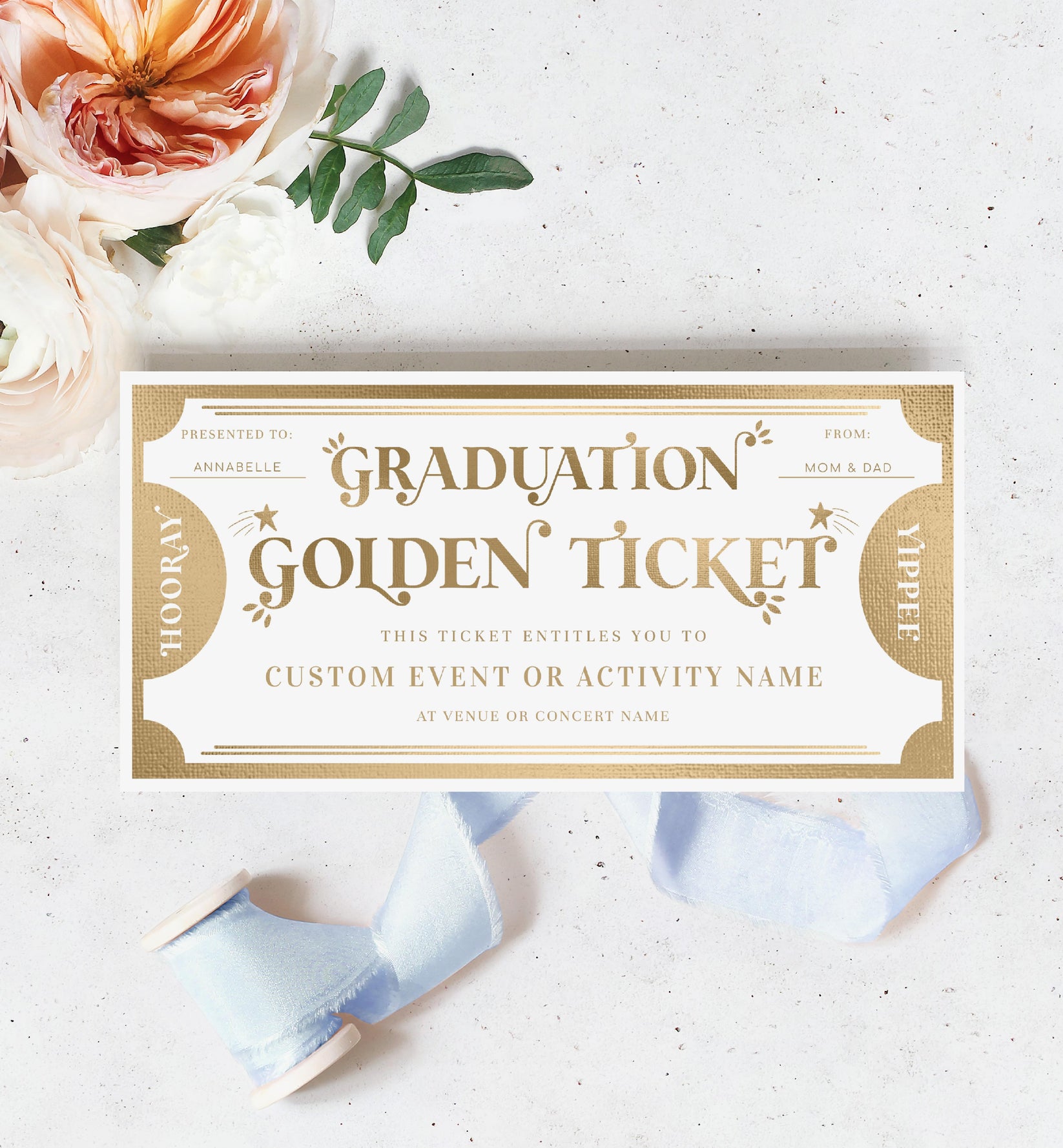 Golden Ticket Gold | Printable Graduation Custom Gift Voucher Template ...
