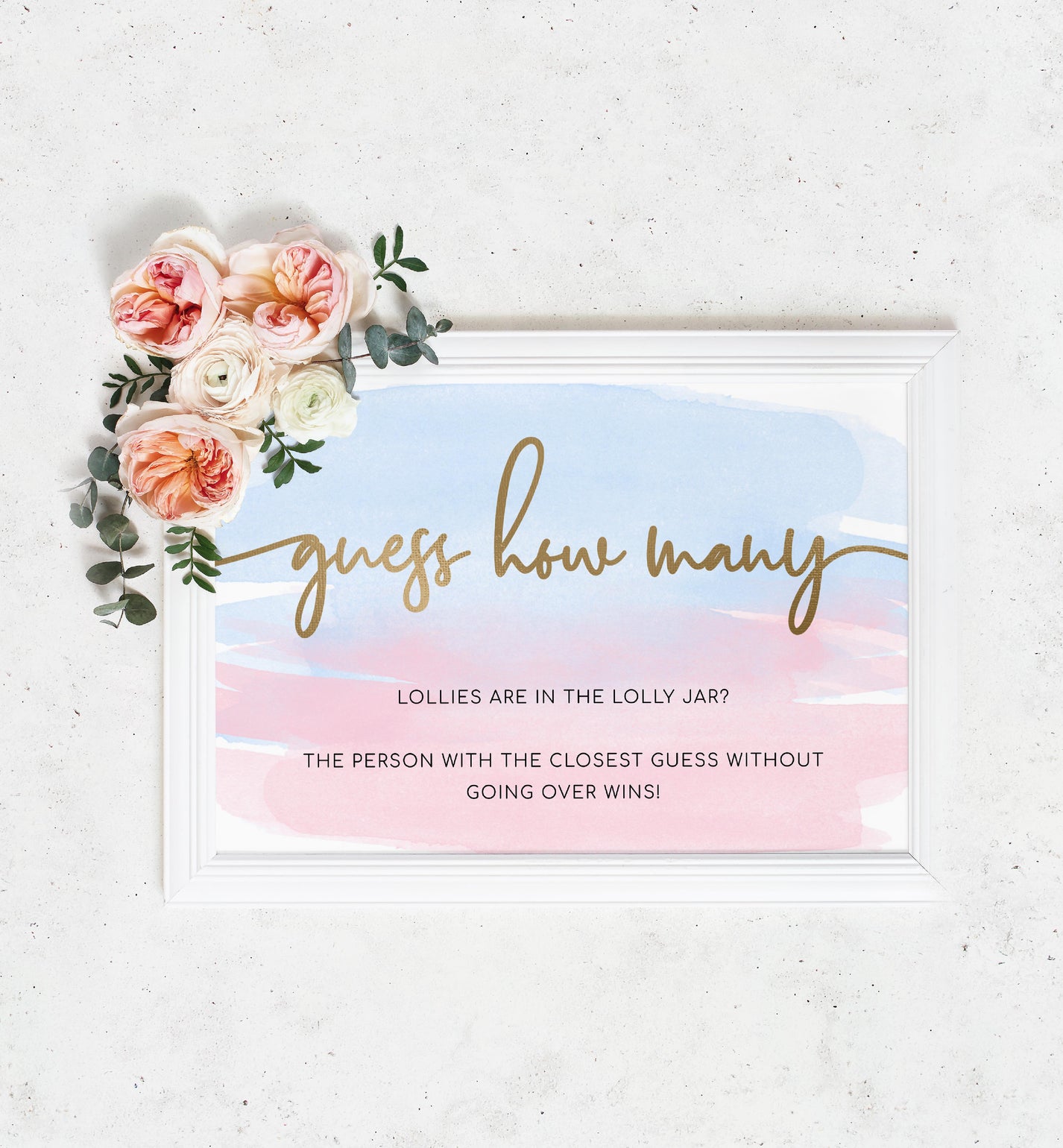 Watercolour Pink Blue Gold | Printable Guess How Many Game Sign – Black ...