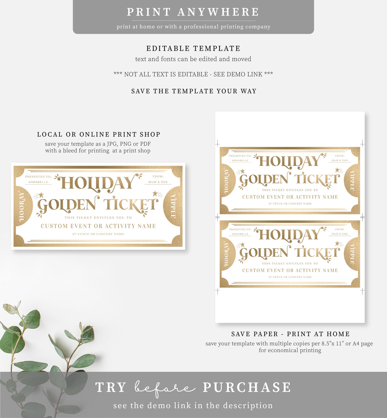 Golden Ticket Gold | Printable Holiday Custom Gift Voucher Template ...