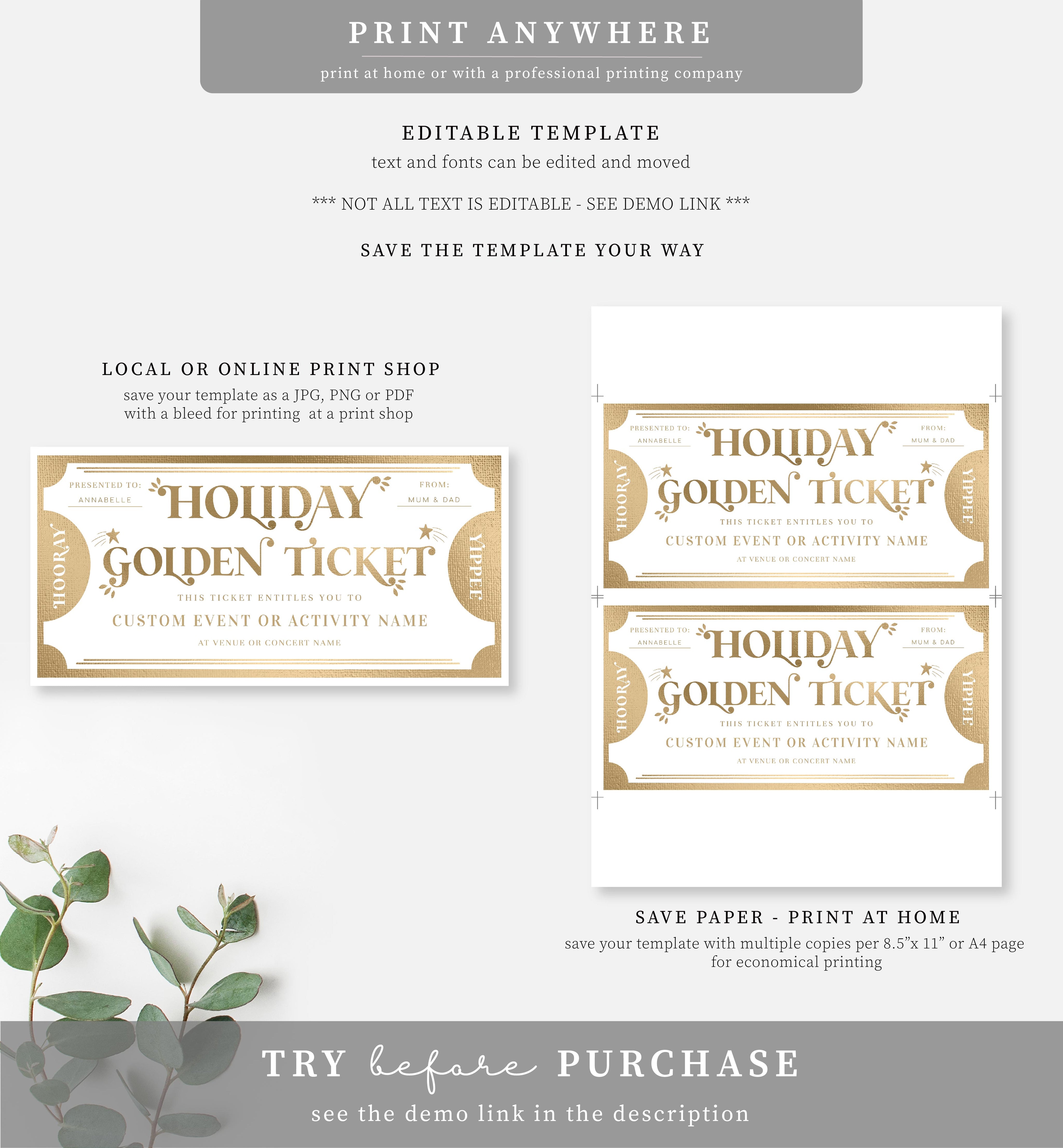 Golden Ticket Gold | Printable Holiday Custom Gift Voucher Template ...