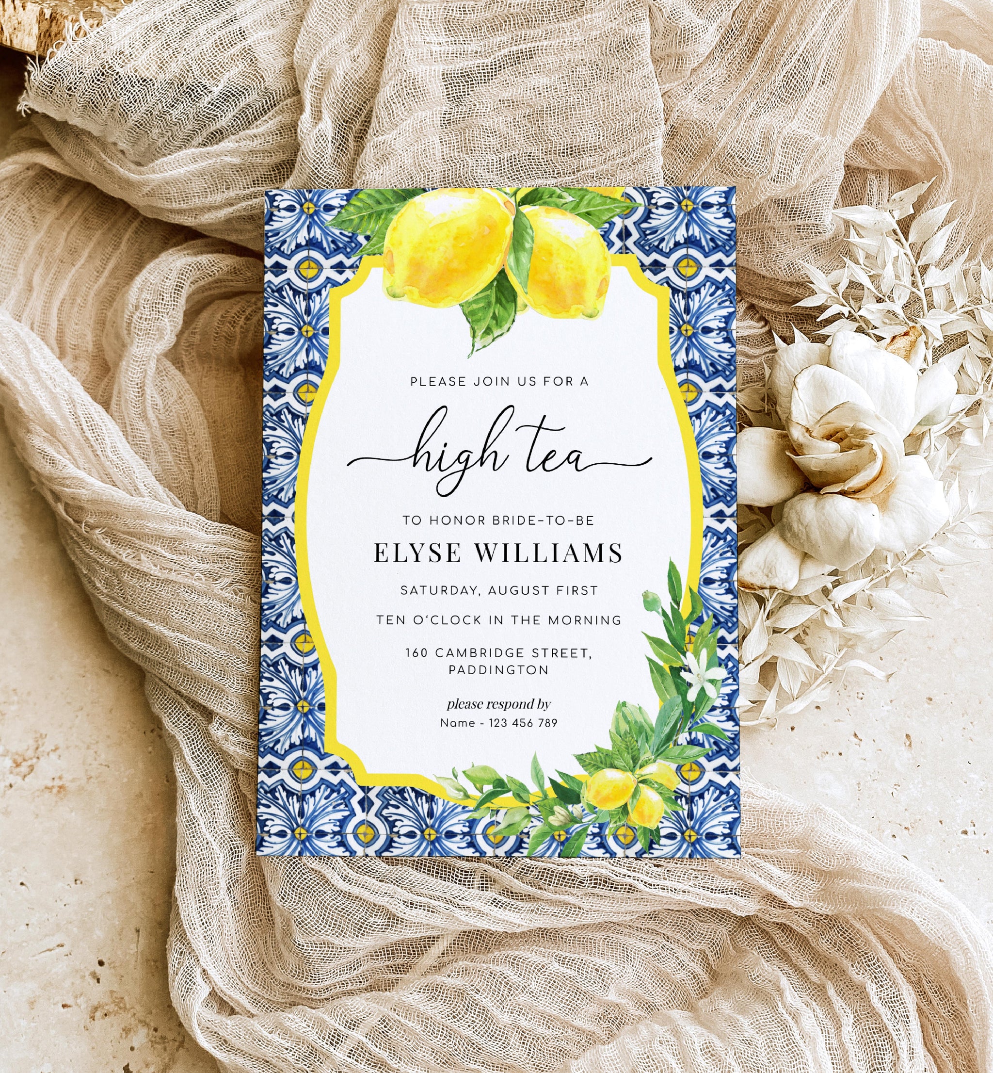 Positano Lemons | Printable High Tea Invitation Template – Black Bow Studio