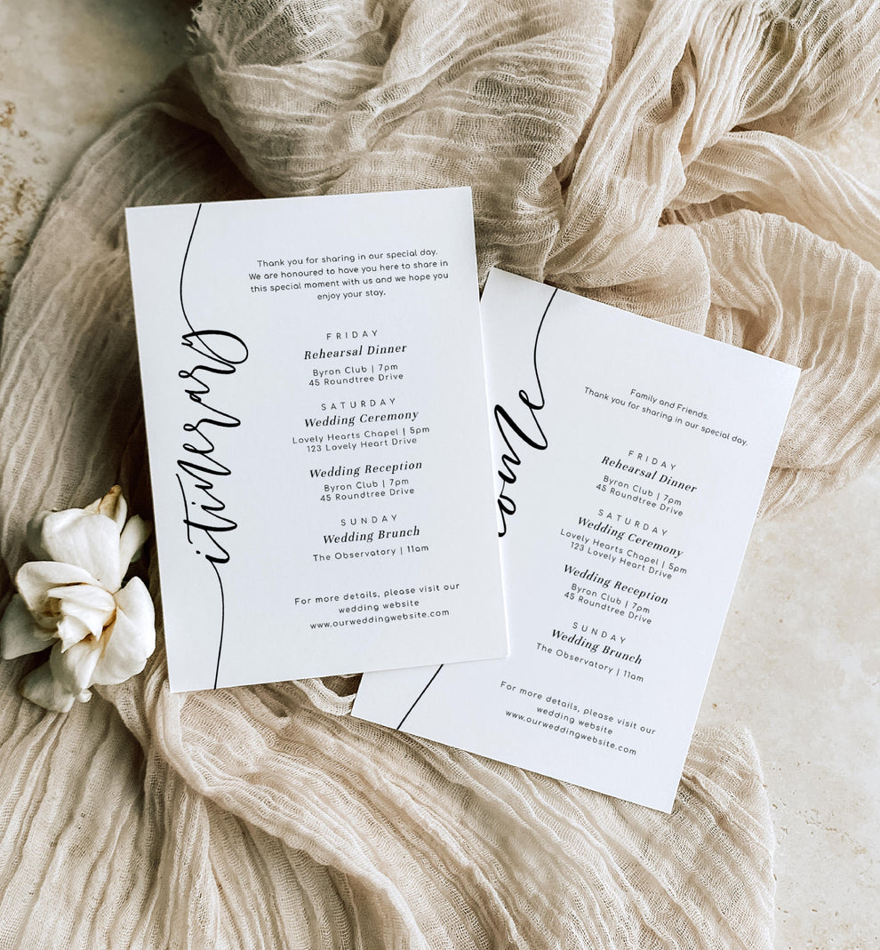 Lucas Script White | Printable Itinerary & Welcome Card Template ...