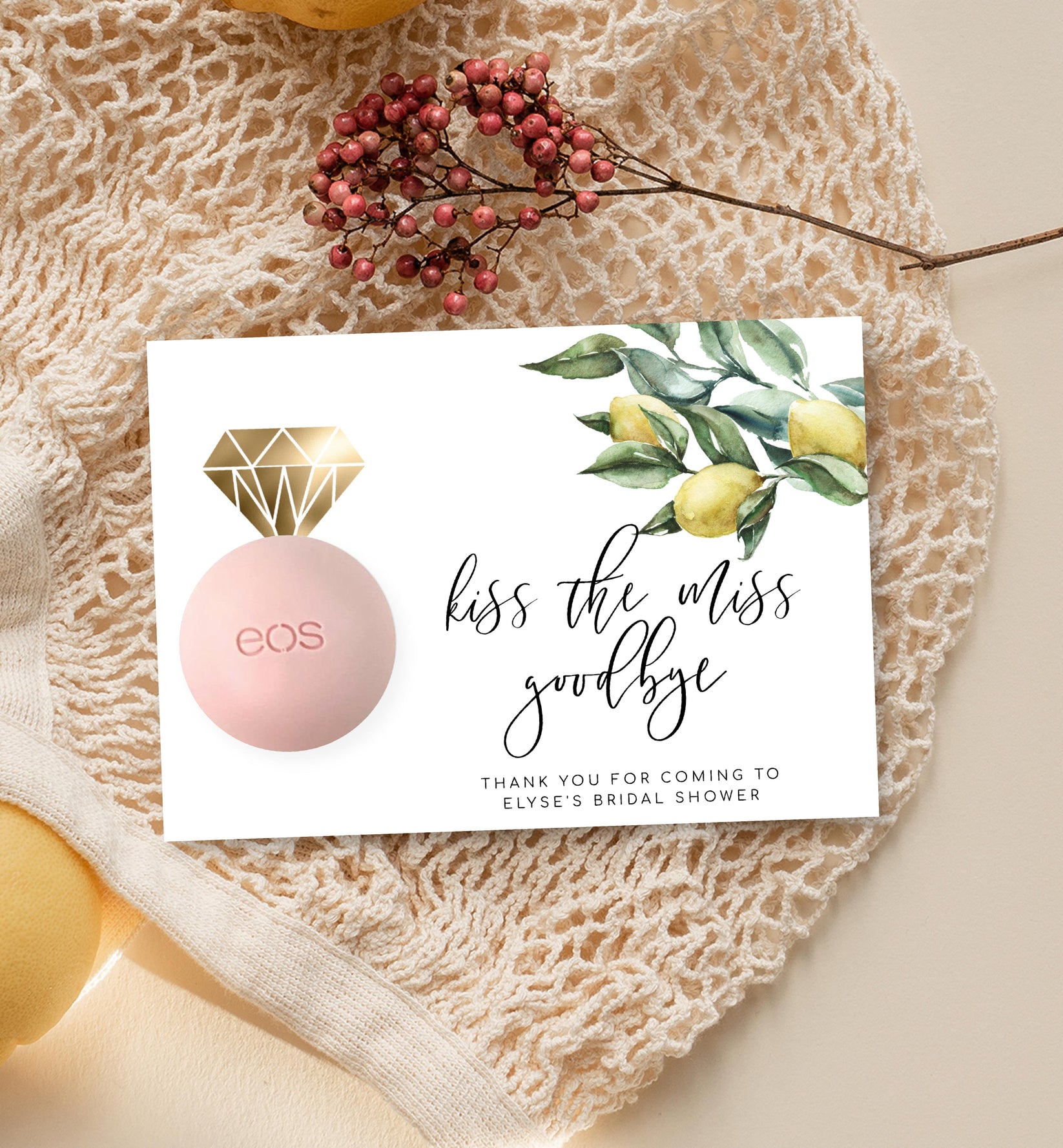 Tuscan Lemons | Printable Kiss The Miss Favour Card – Black Bow Studio