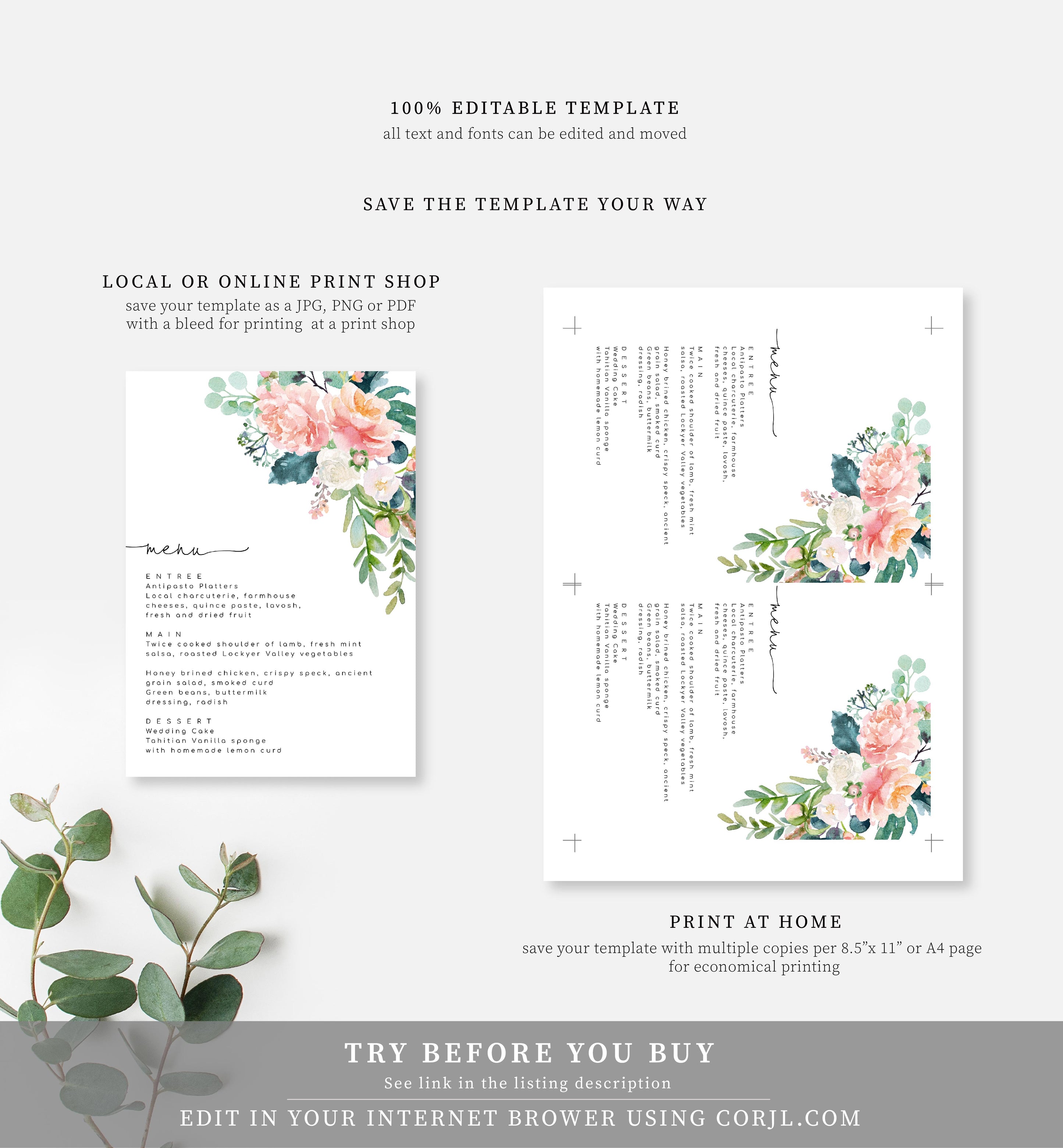Afternoon Blooms | Printable Menu Template – Black Bow Studio