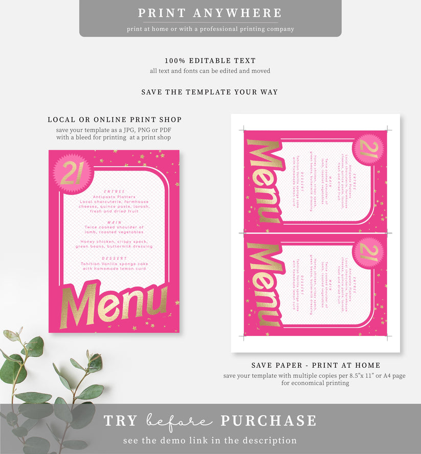 Barbie Party Hot Pink Gold | Printable Menu Template – Black Bow Studio