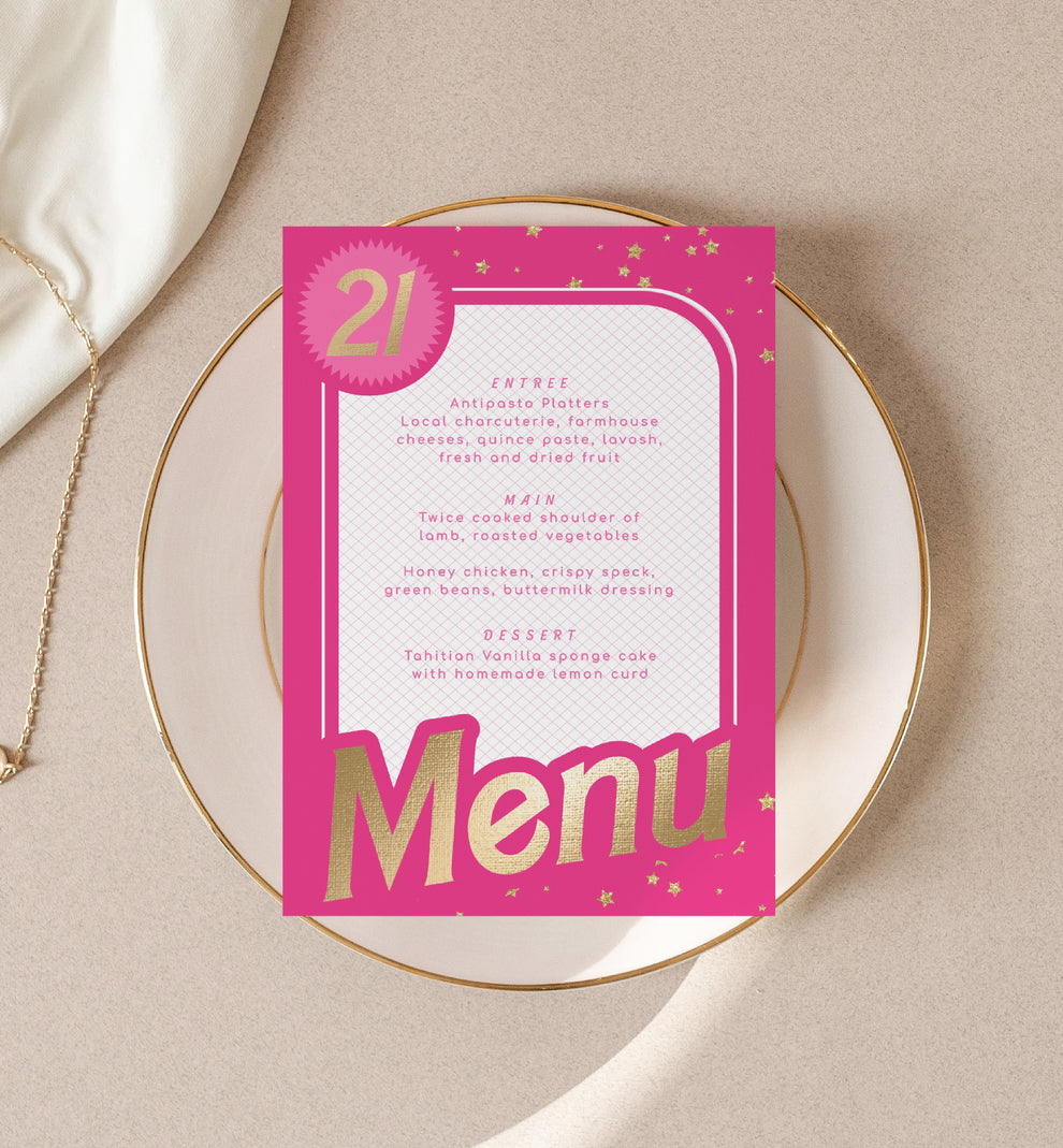 Barbie Party Hot Pink Gold | Printable Menu Template – Black Bow Studio