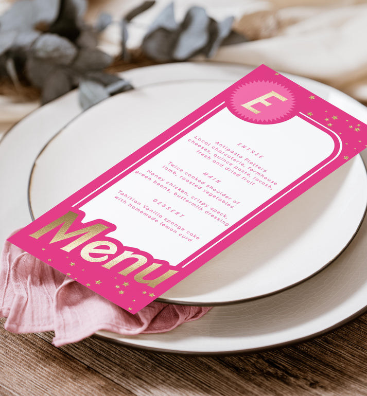 Barbie Party Hot Pink Gold | Printable Menu Template – Black Bow Studio