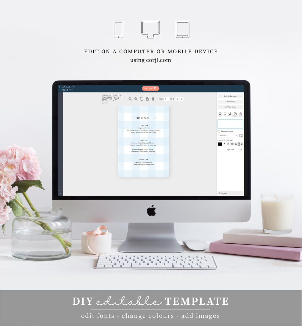 Gingham Blue | Printable Menu Template – Black Bow Studio
