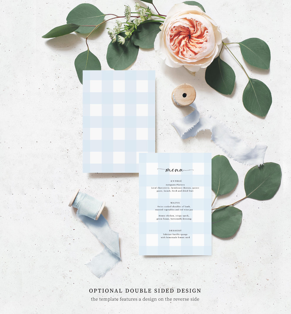 Gingham Blue | Printable Menu Template – Black Bow Studio