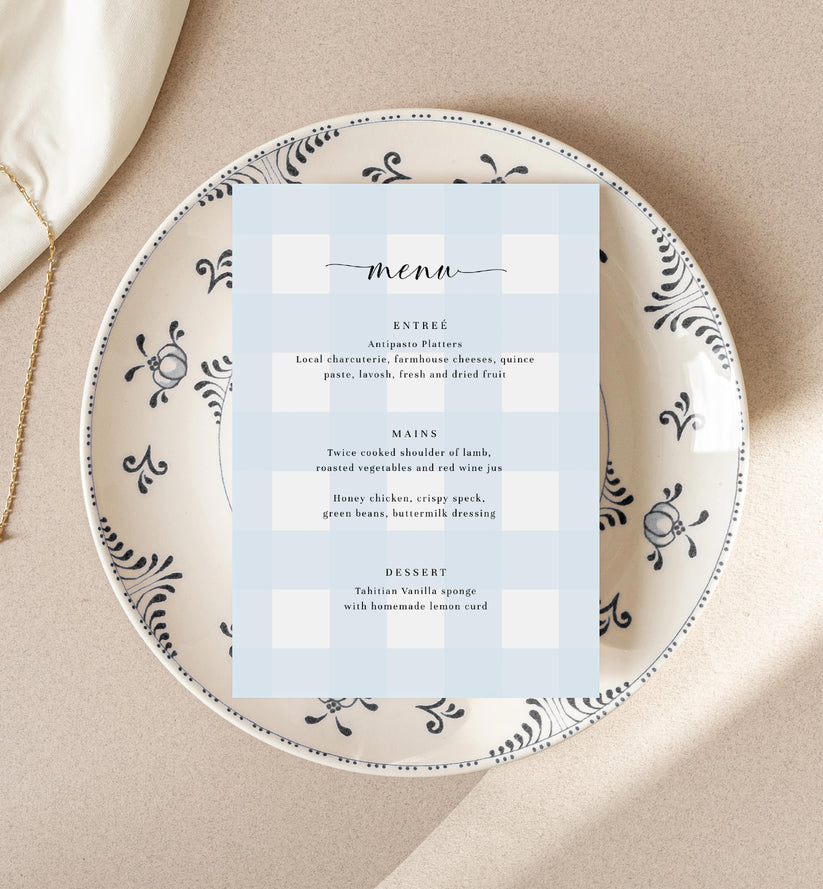 Gingham Blue | Printable Menu Template – Black Bow Studio