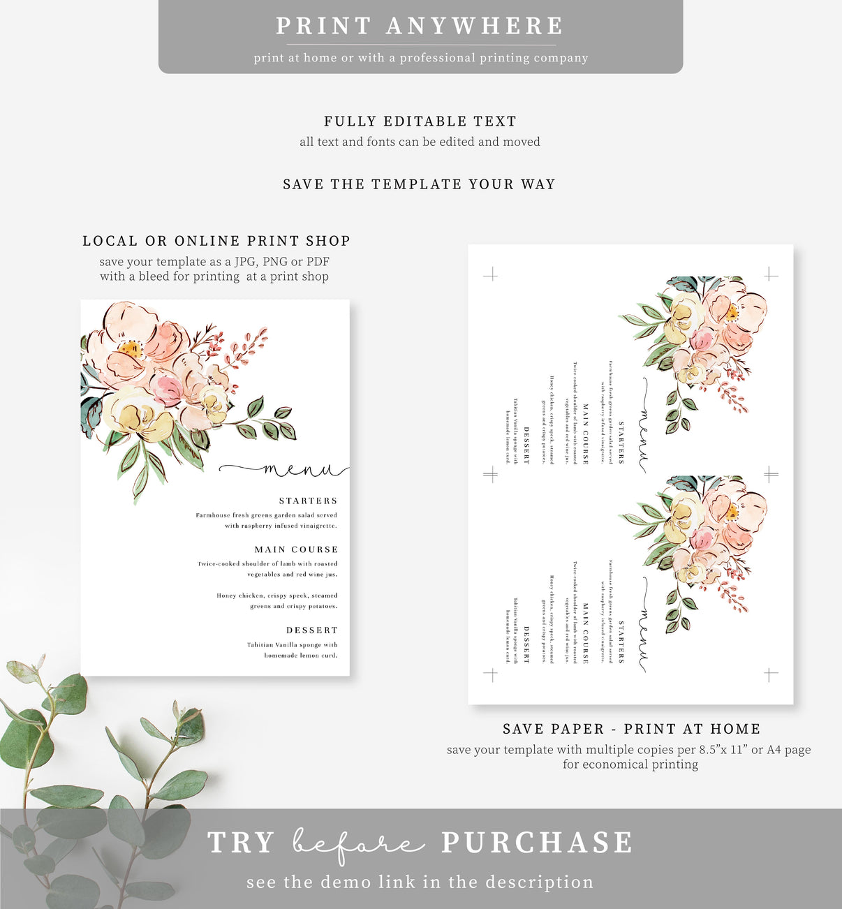 Cambridge Multi | Printable Menu Template – Black Bow Studio