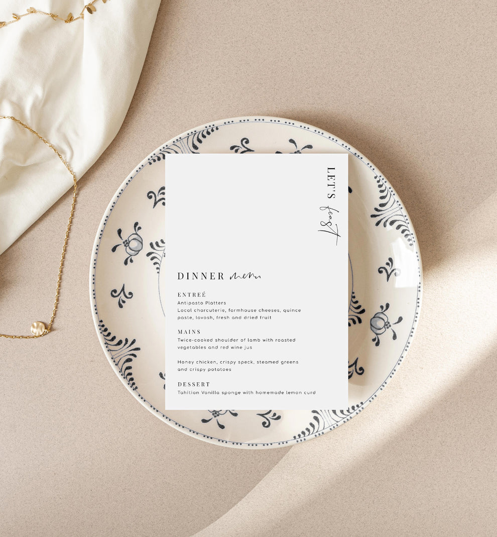 Estelle White | Printable Menu Template – Black Bow Studio
