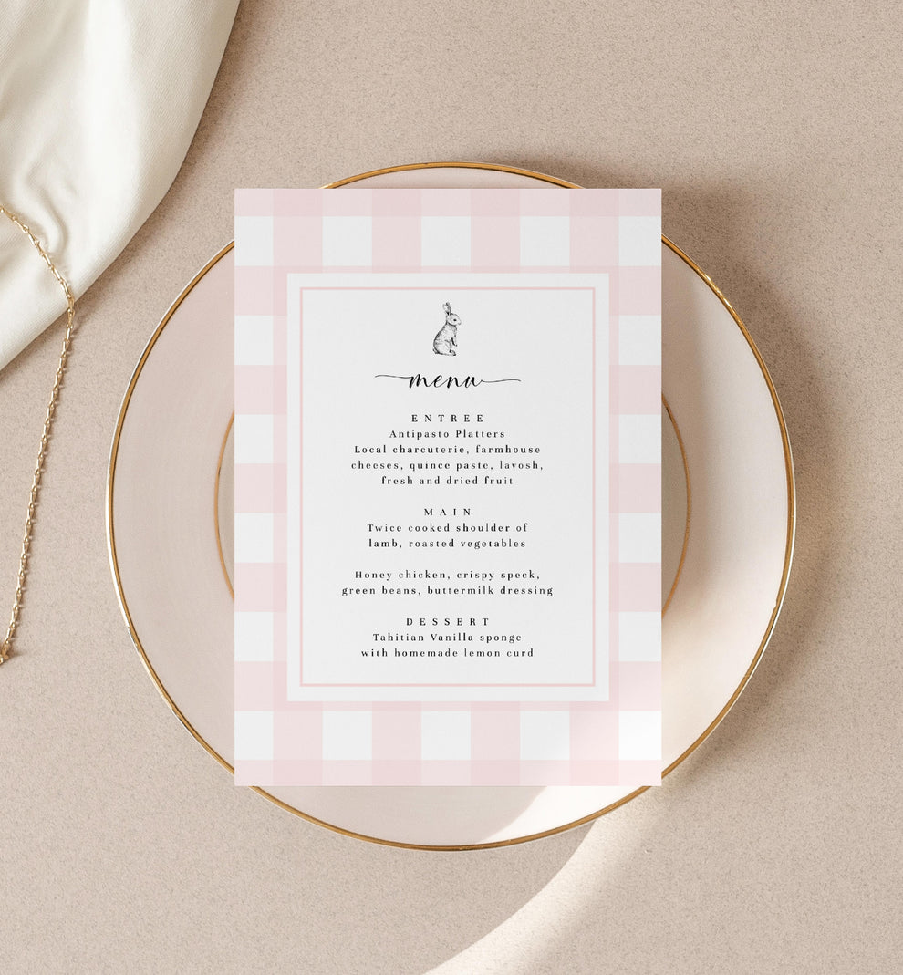 Gingham Pink Bunny | Printable Menu – Black Bow Studio