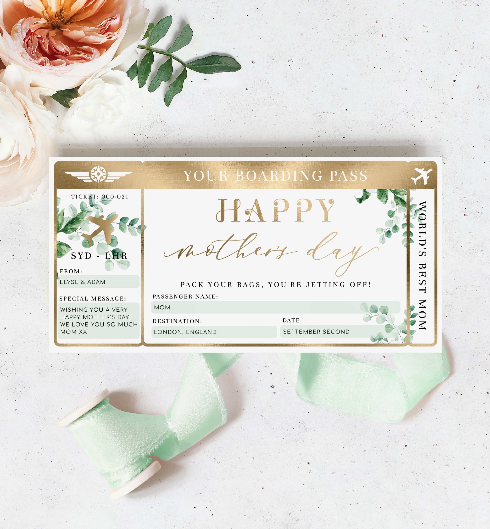 Ferras Green | Printable Mother's Day Custom Boarding Pass Template ...