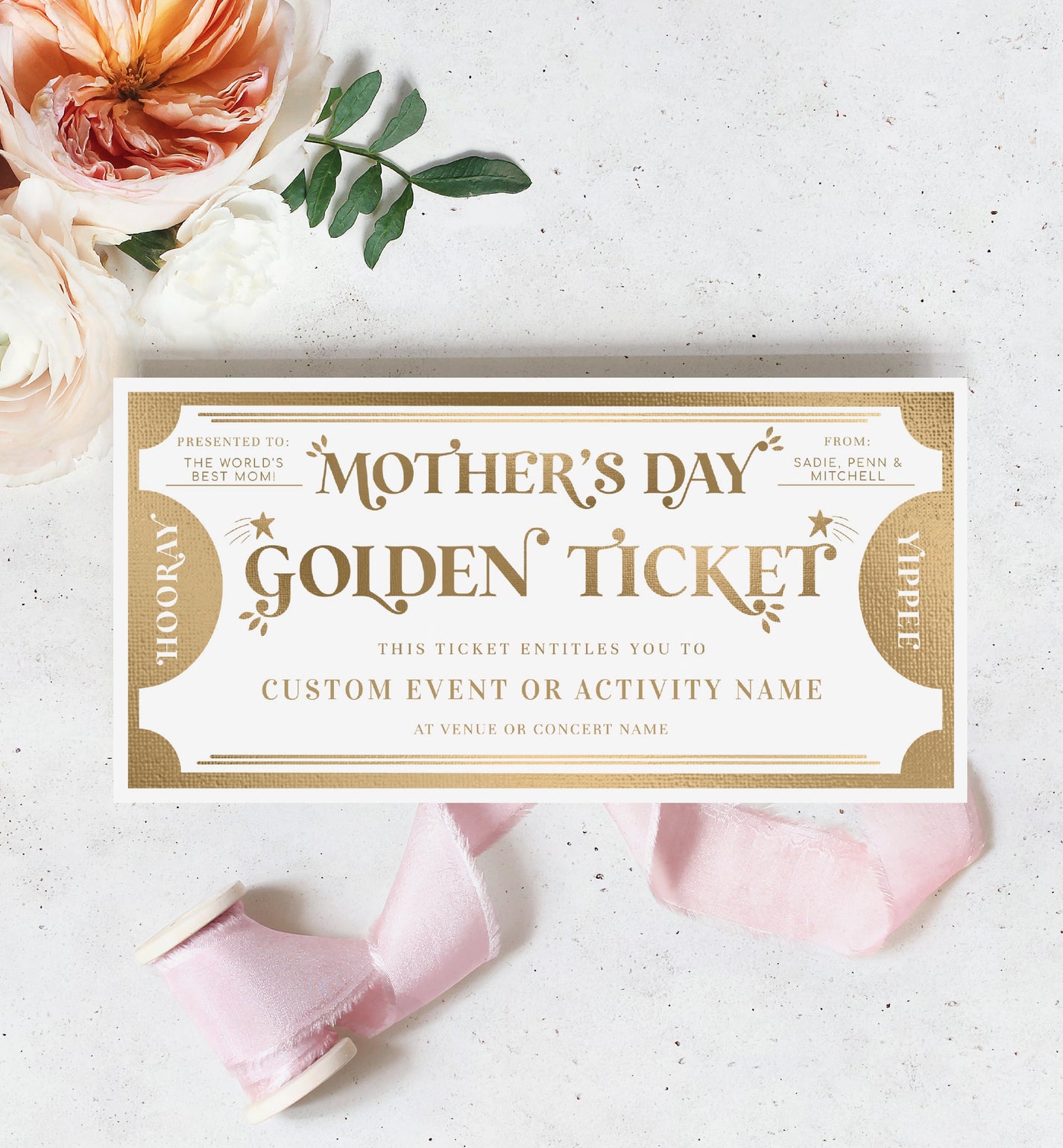 Golden Ticket Gold | Printable Mother's Day Custom Gift Voucher Templa ...