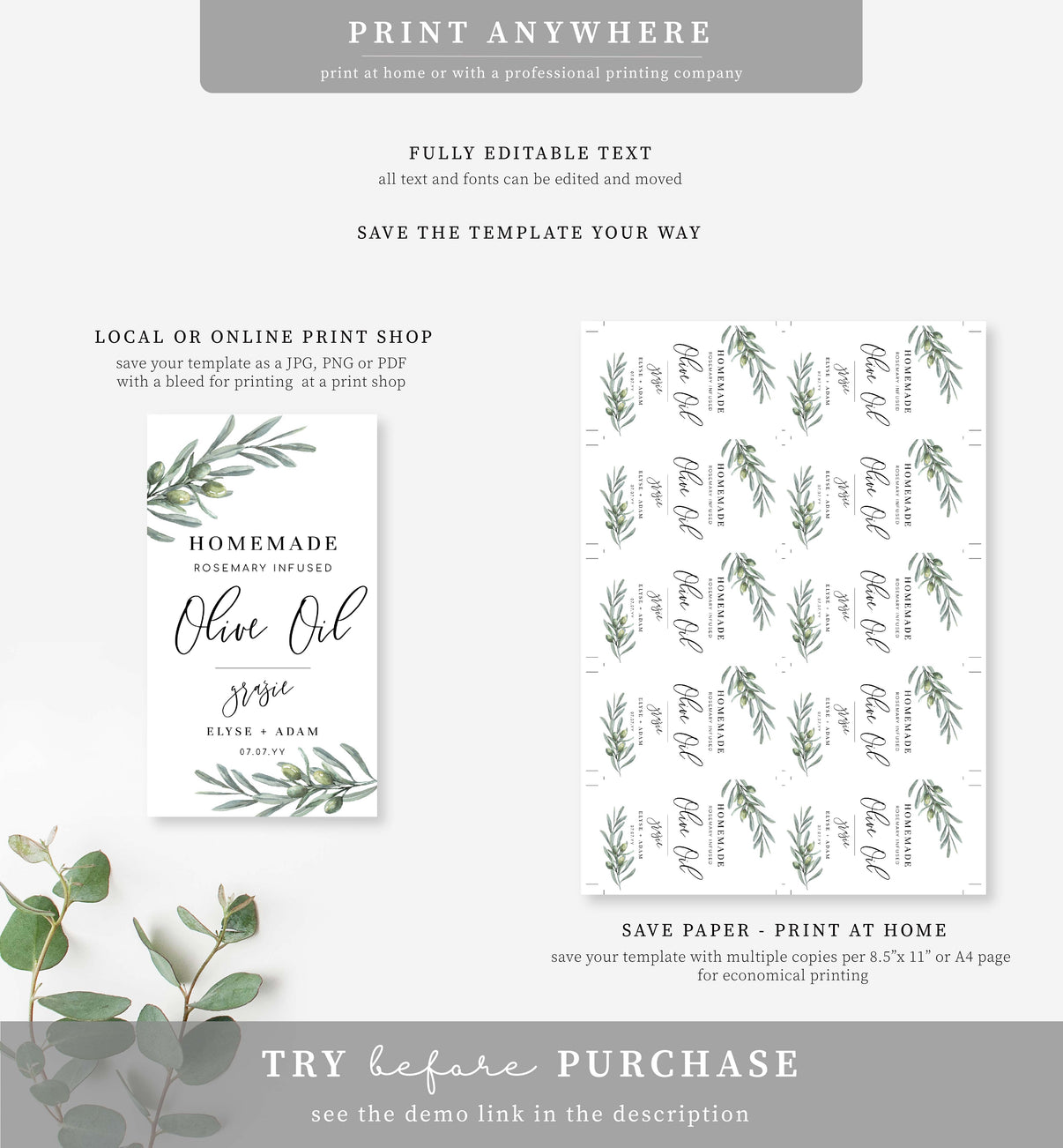 Olive Grove | Printable Olive Oil Favour Tags Template – Black Bow Studio