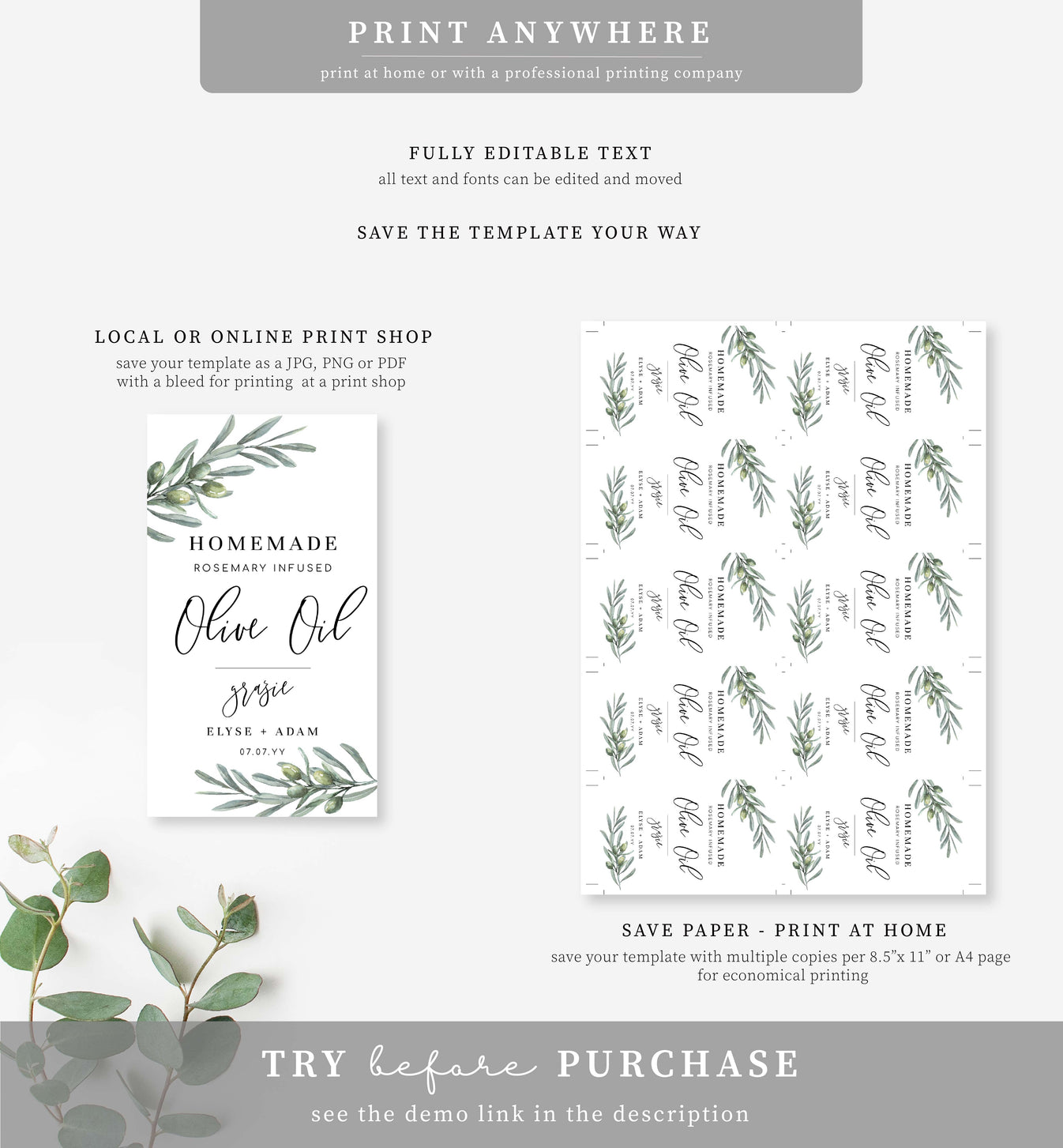 Olive Grove | Printable Olive Oil Favour Tags Template – Black Bow Studio