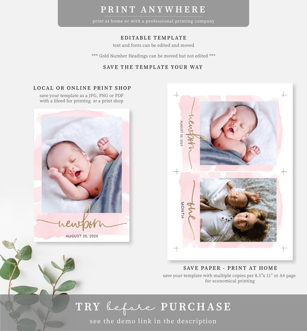 Watercolour Pink | Printable My First Year Photo Timeline Banner Templ ...
