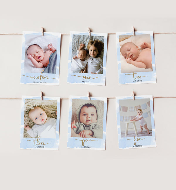 Watercolour Blue | Printable My First Year Photo Timeline Banner Templ ...