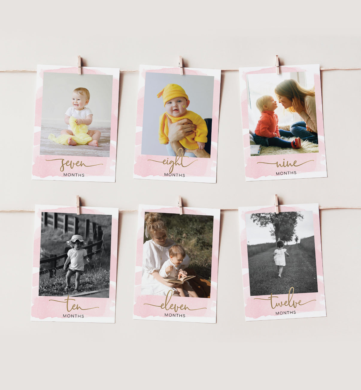 Watercolour Pink | Printable My First Year Photo Timeline Banner Templ ...