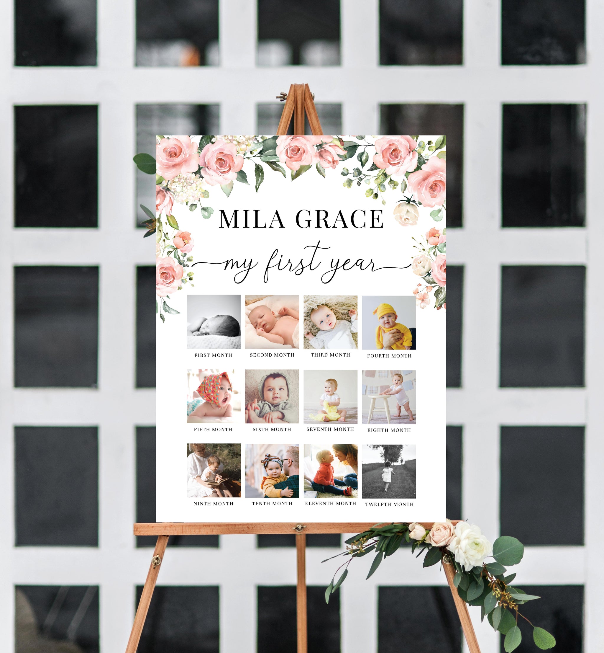 Darcy Floral Pink | Printable My First Year Photo Timeline Sign Templa ...