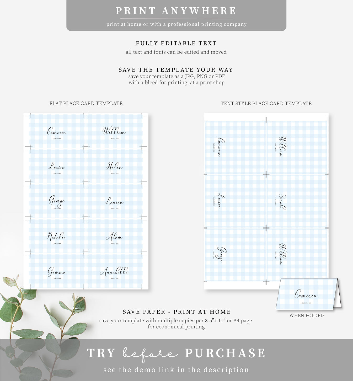 Gingham Blue | Printable Place Cards Template – Black Bow Studio