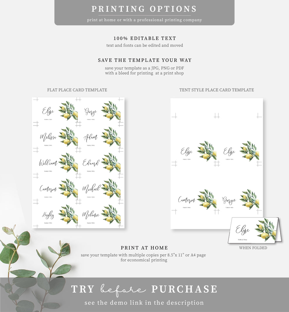Tuscan Lemons | Printable Place Cards – Black Bow Studio