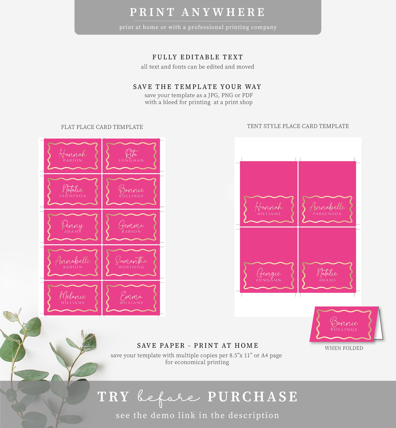 Wave Hot Pink Gold | Printable Place Cards Template – Black Bow Studio