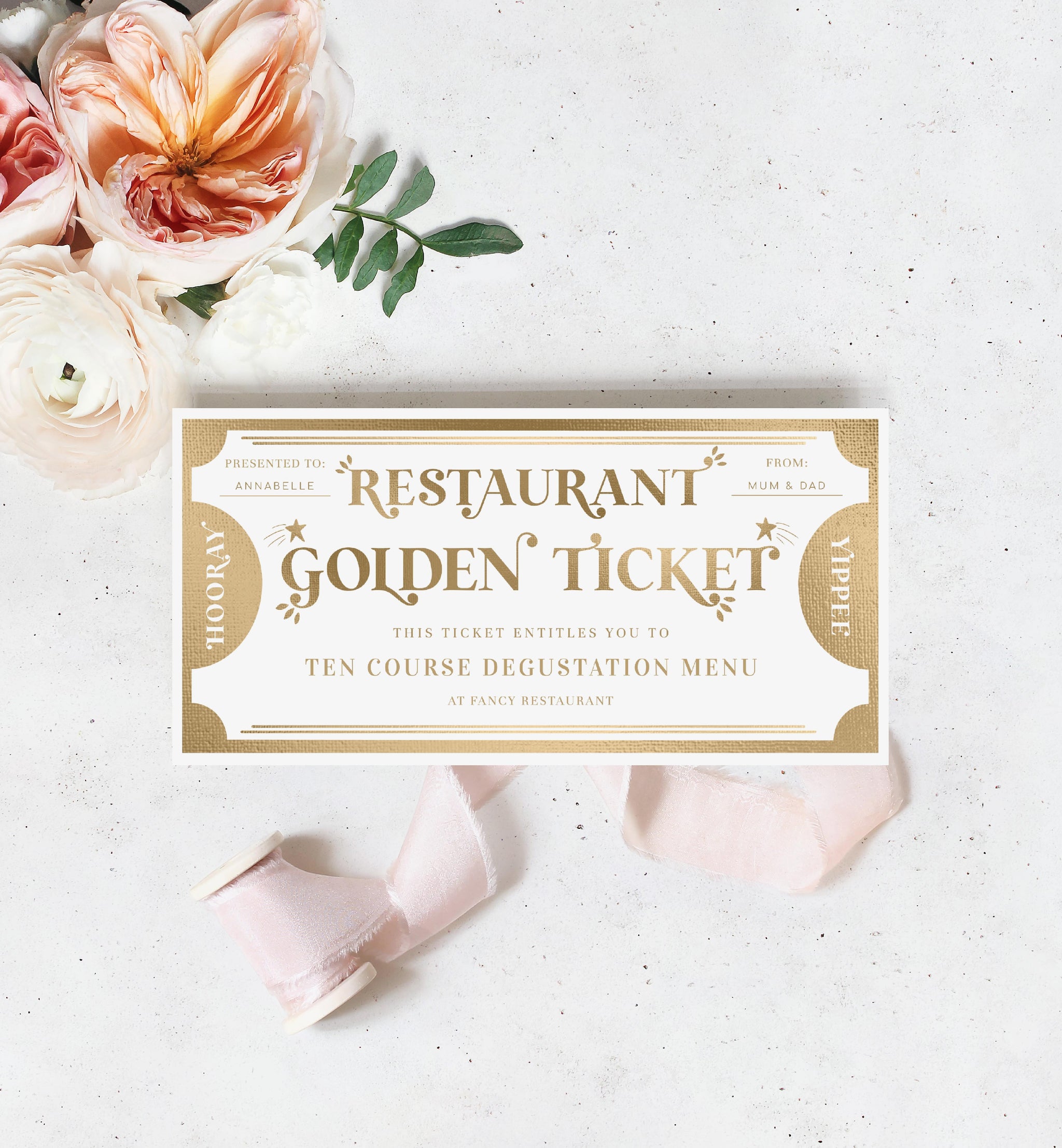 Golden Ticket Gold | Printable Restaurant Custom Gift Voucher Template ...