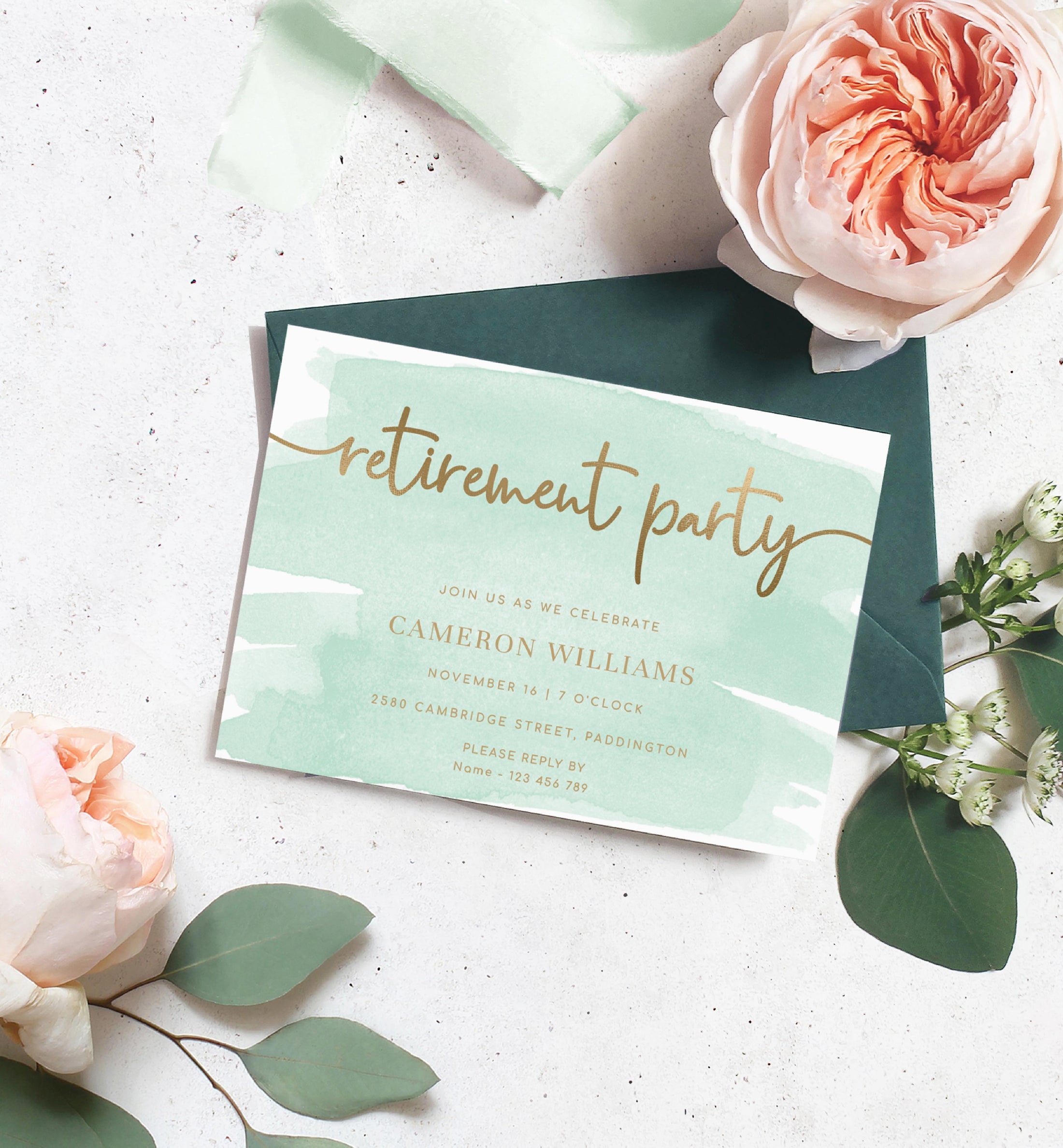Watercolour Green Gold | Printable Retirement Party Invitation Templat ...