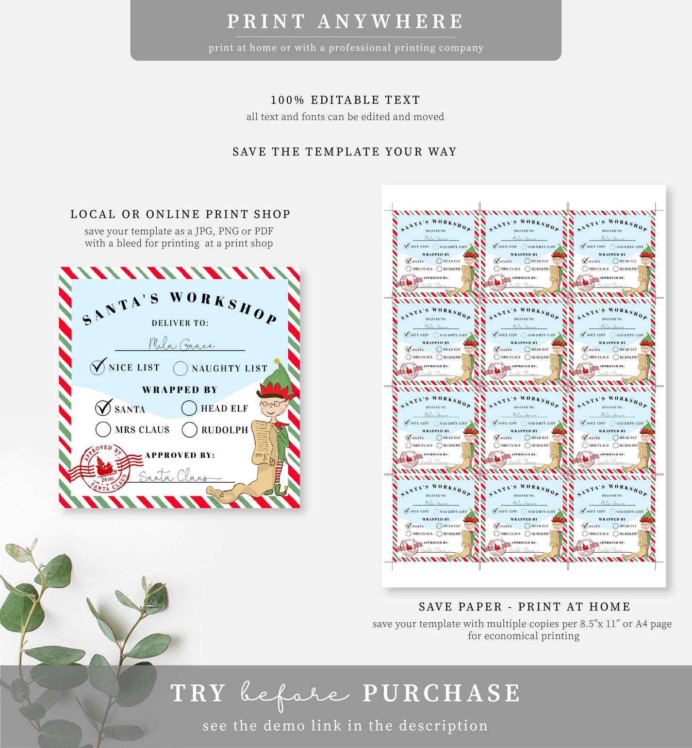 Santa's Workshop Multi | Printable Christmas Elf Approved Tags – Black ...