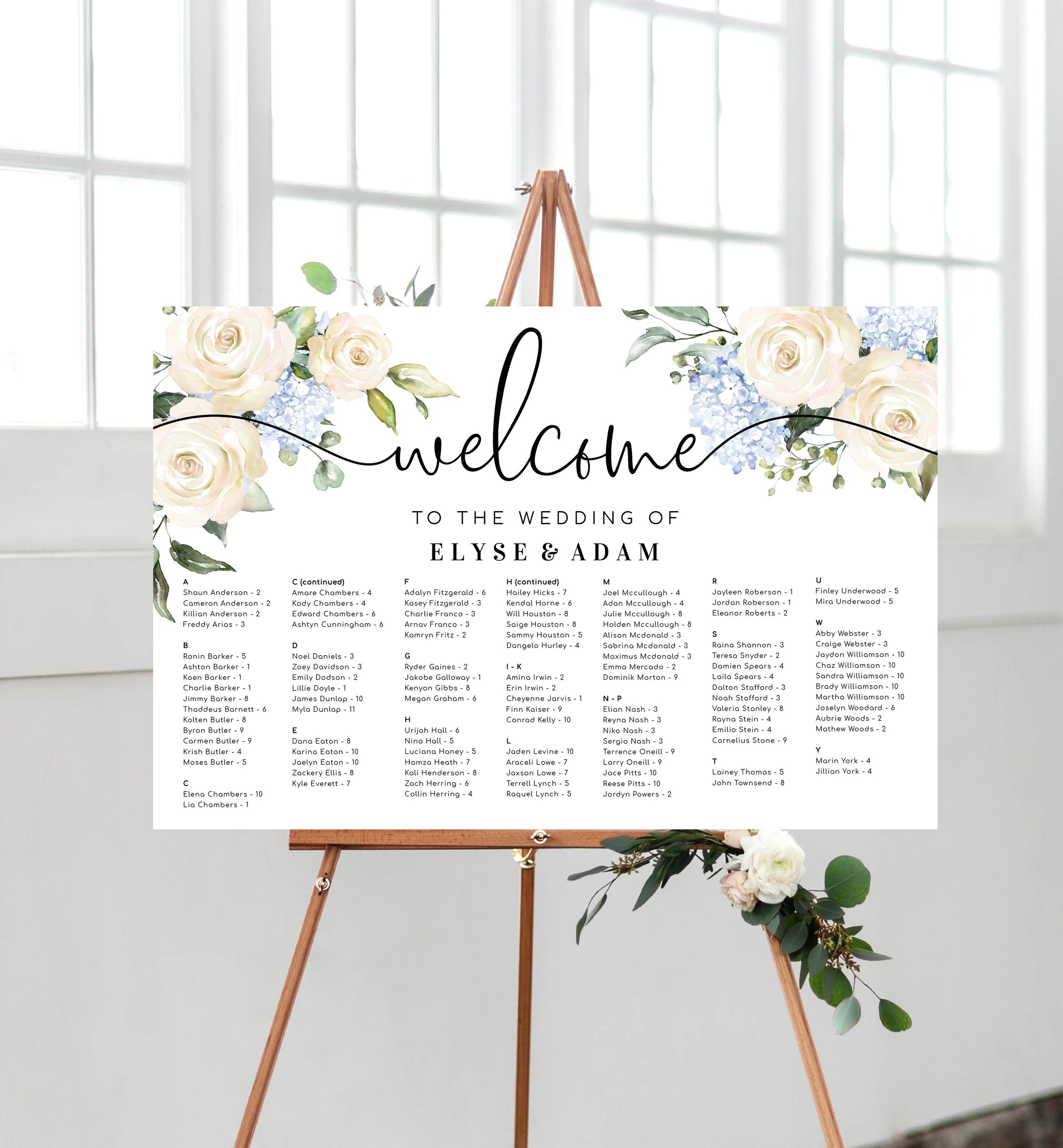 Darcy Floral White | Printable Seating Chart - Alphabetical – Black Bow ...