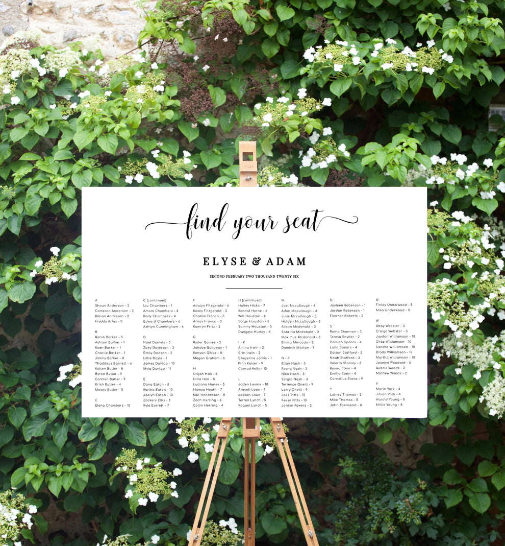 Leyton Script | Printable Seating Chart - Alphabetical – Black Bow Studio