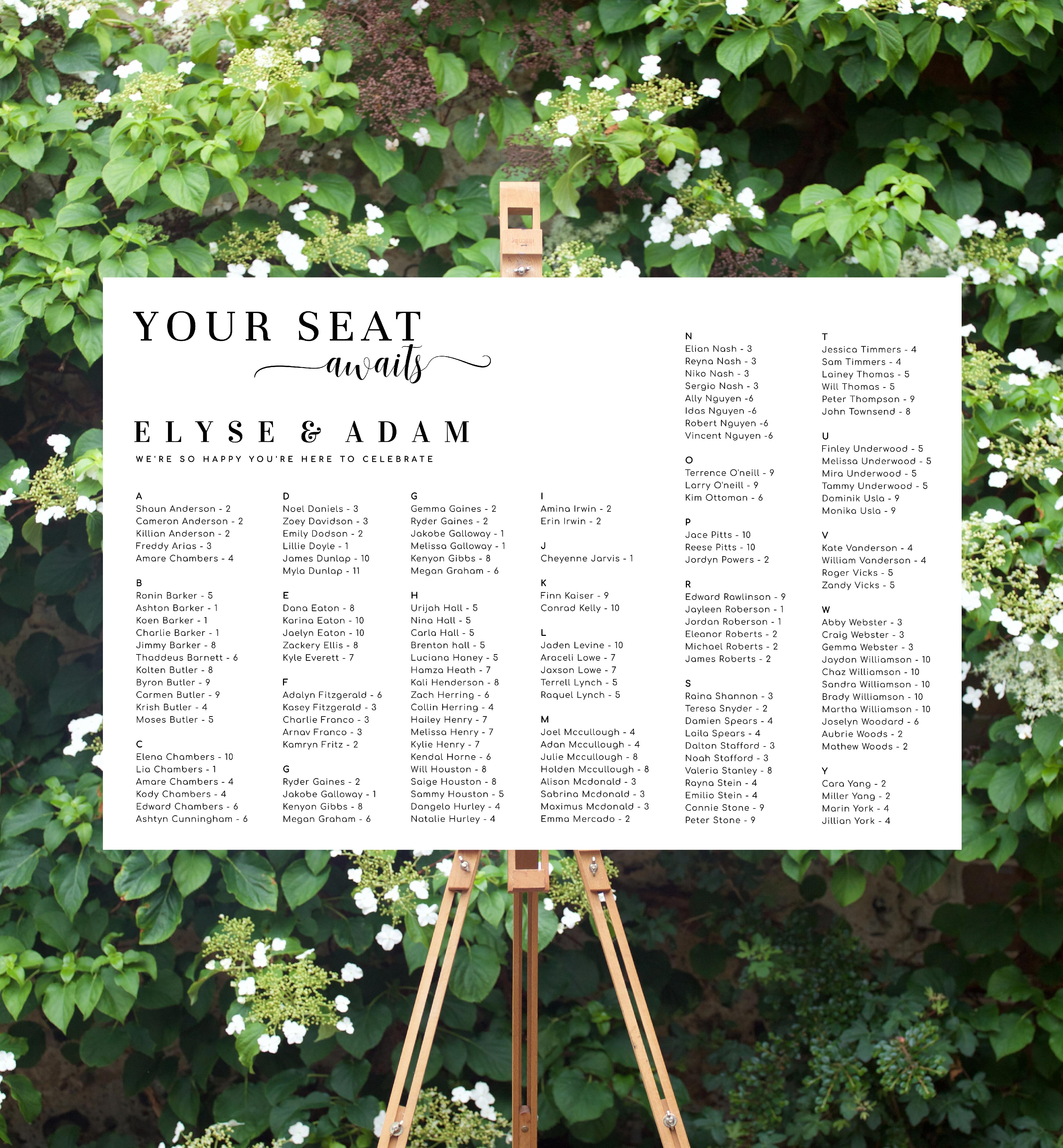 Leyton Script White | Printable Your Seat Awaits Seating Chart - Alpha ...
