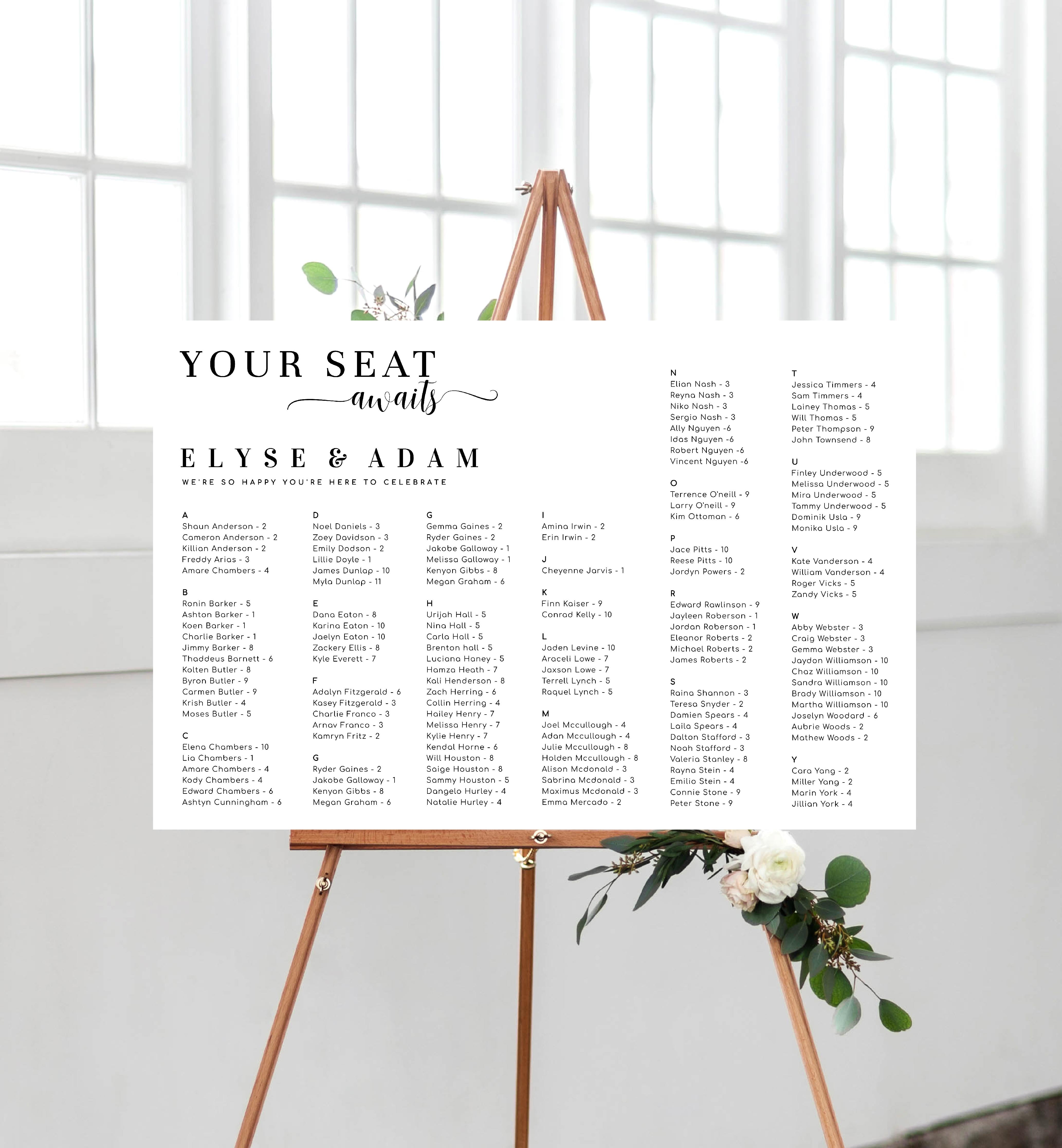Leyton Script White | Printable Your Seat Awaits Seating Chart - Alpha ...